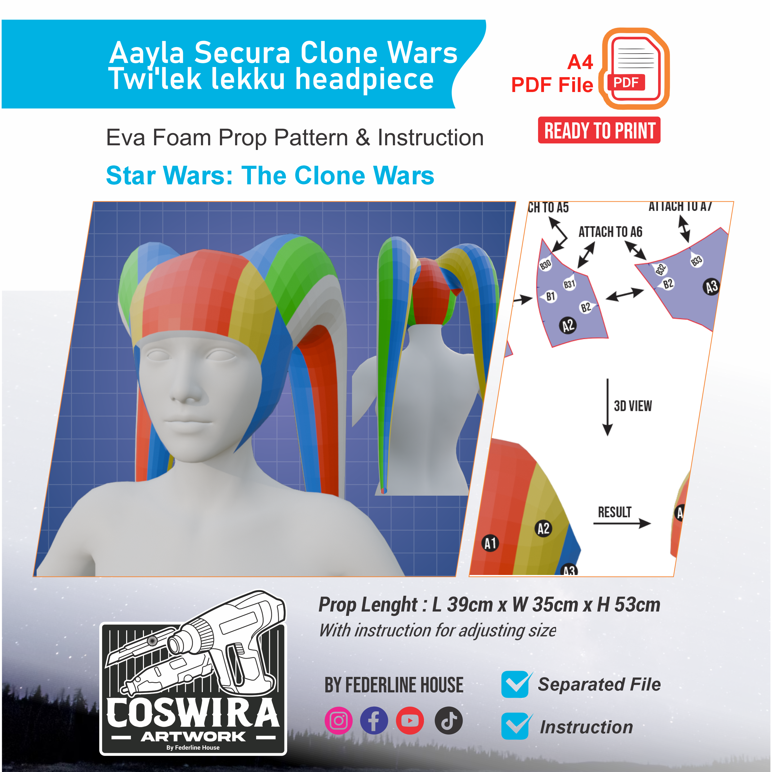 Aayla Secura Clone Wars Twi'lek Lekku Headpiece Pattern – EVA Foam Tem ...