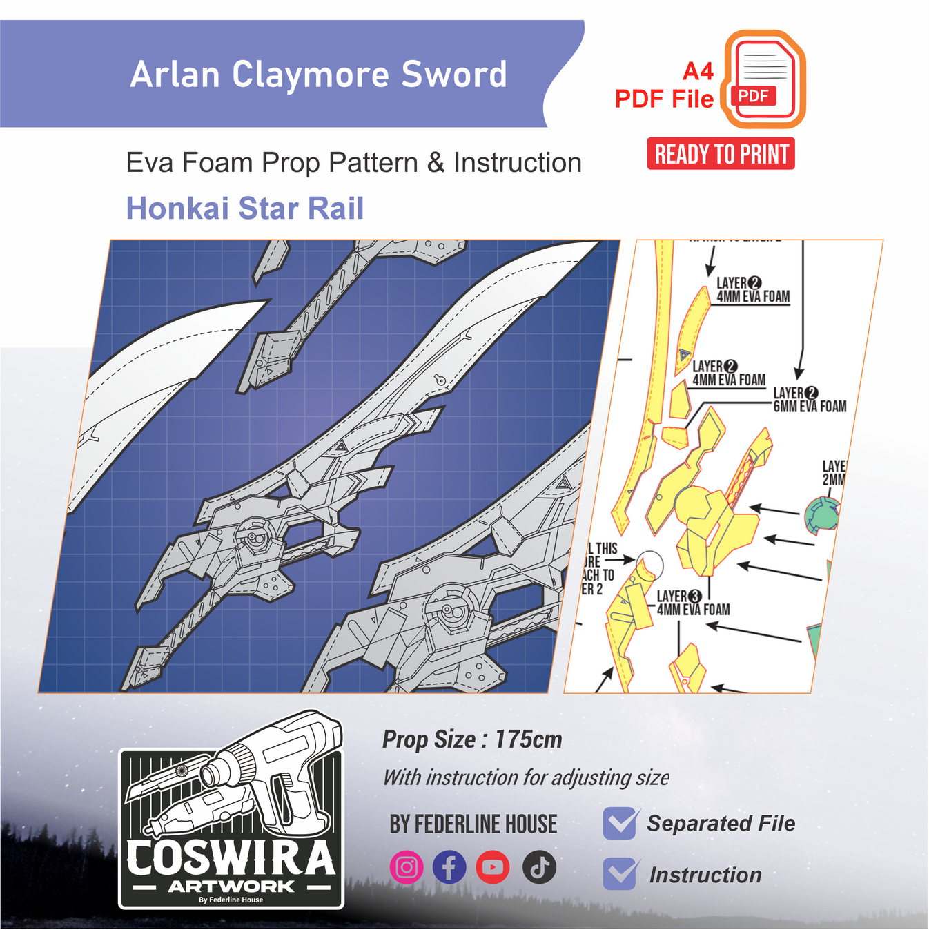 Arlan Claymore Sword Prop Pattern Template – EVA Foam Pattern for Cosp ...