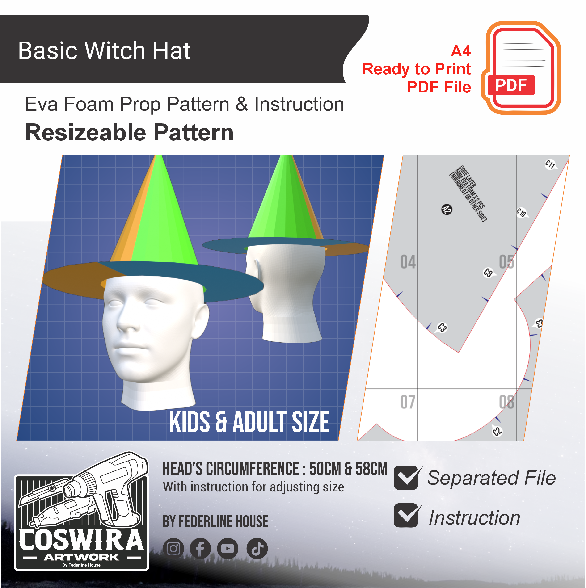 Basic Witch Hat Prop Pattern Template – EVA Foam Basic Pattern for Cos ...