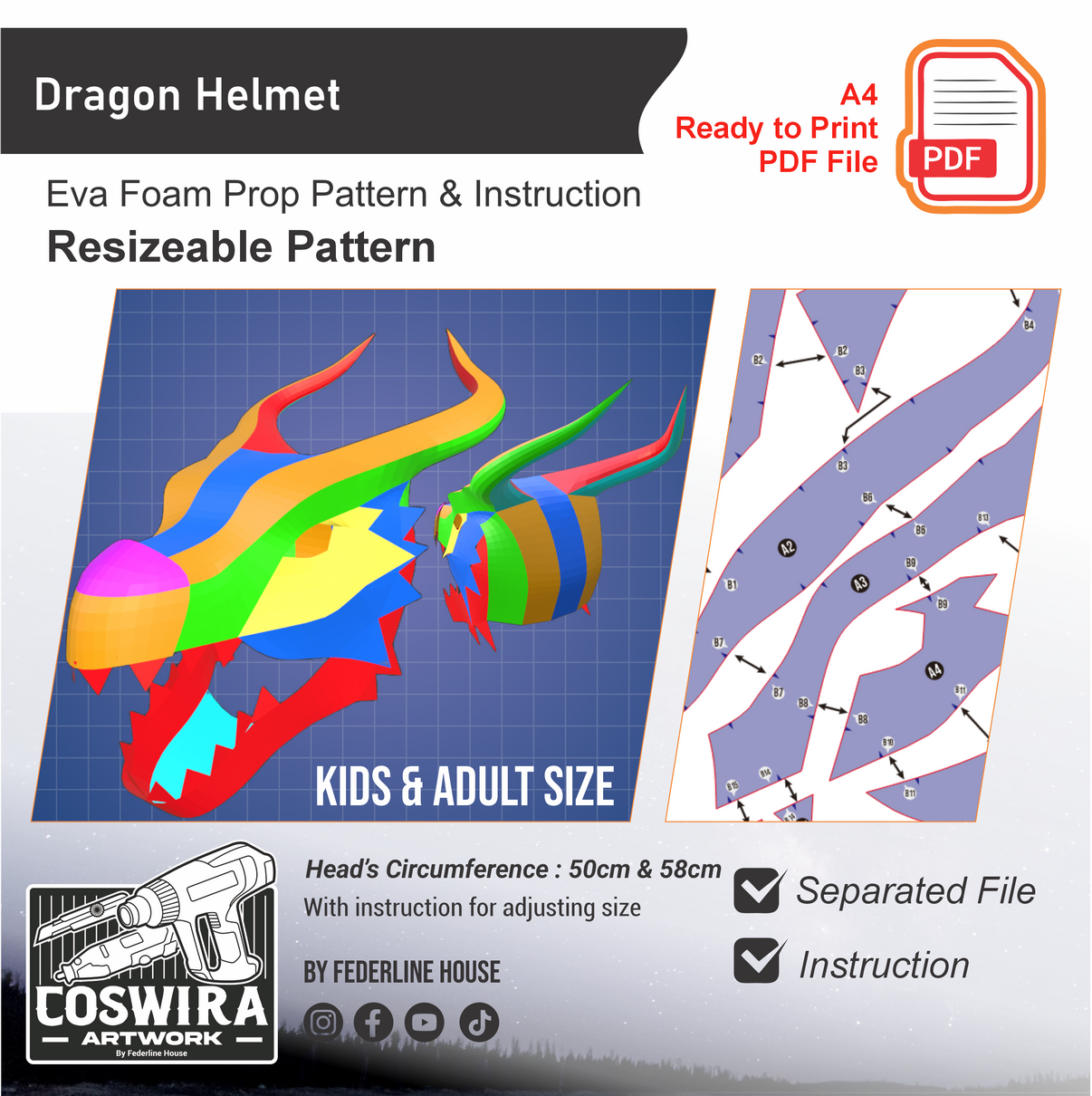 Dragon Helmet Basic Pattern Template – EVA Foam Pattern for Cosplay ...