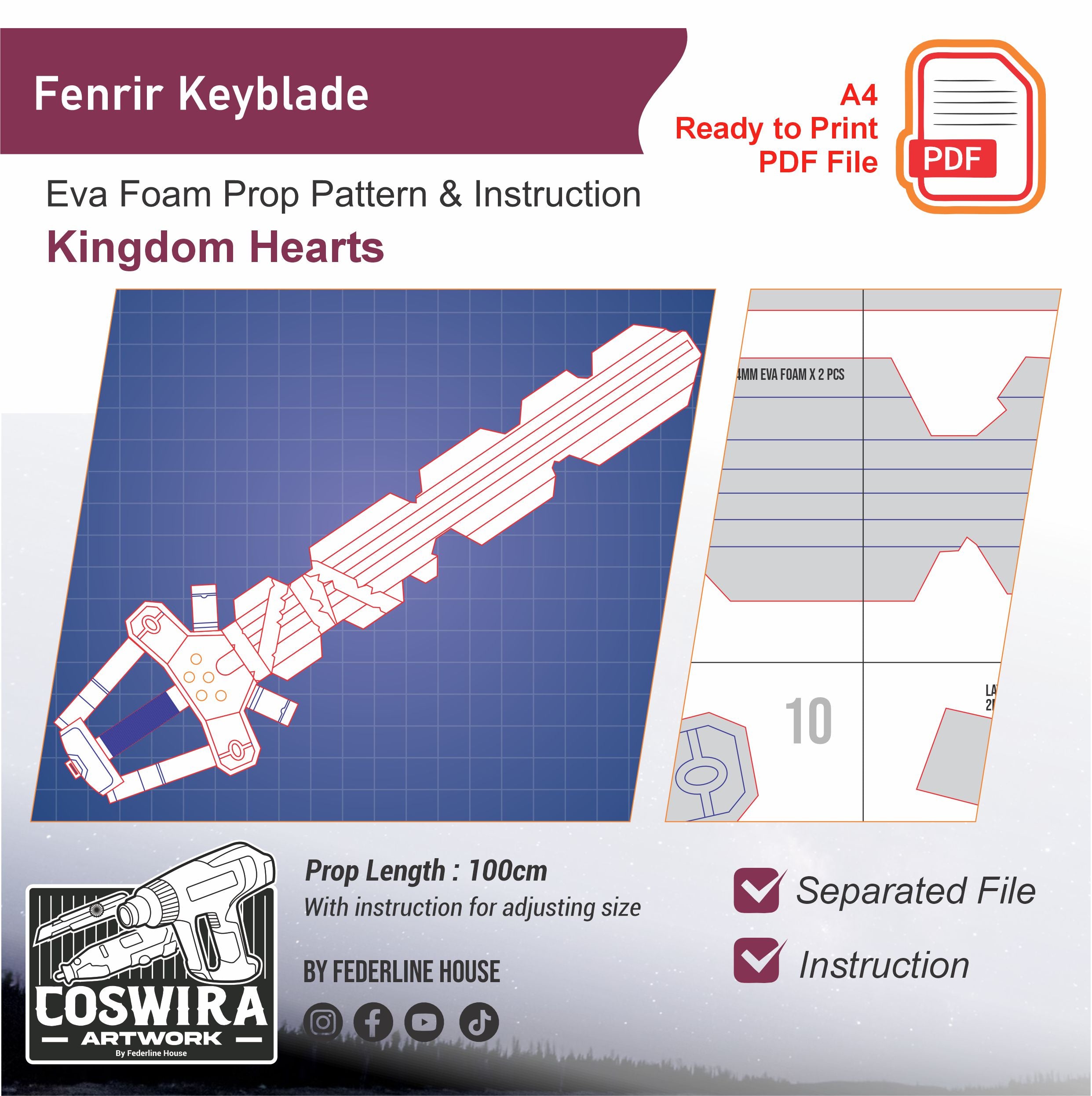 Prop Pattern: Fenrir Keyblade from Kingdom Hearts Cosplay Template Blu ...