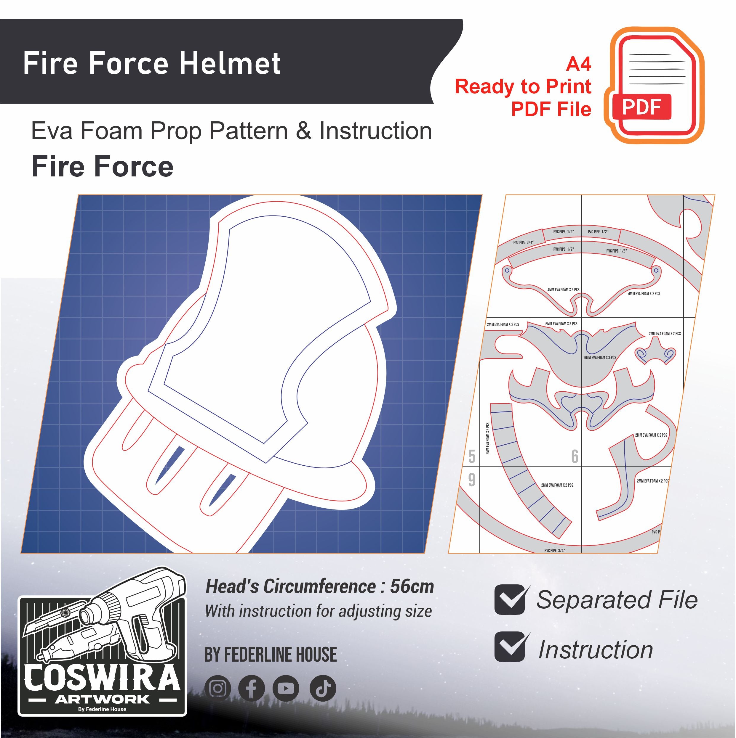 Fire Force Helmet Prop Pattern Template – EVA Foam Pattern for Cosplay ...