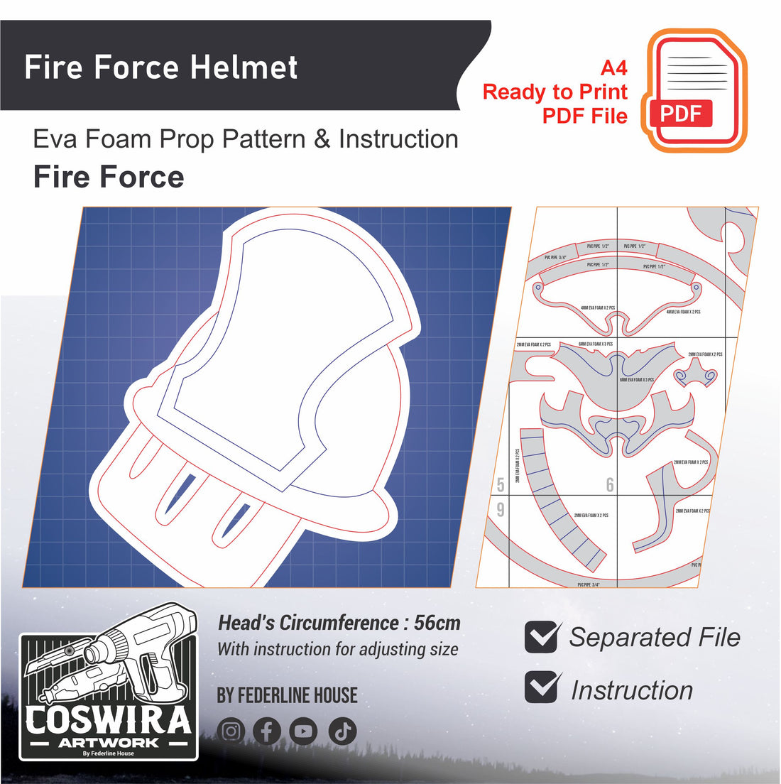 Fire Force Helmet Prop Pattern Template – EVA Foam Pattern for Cosplay ...