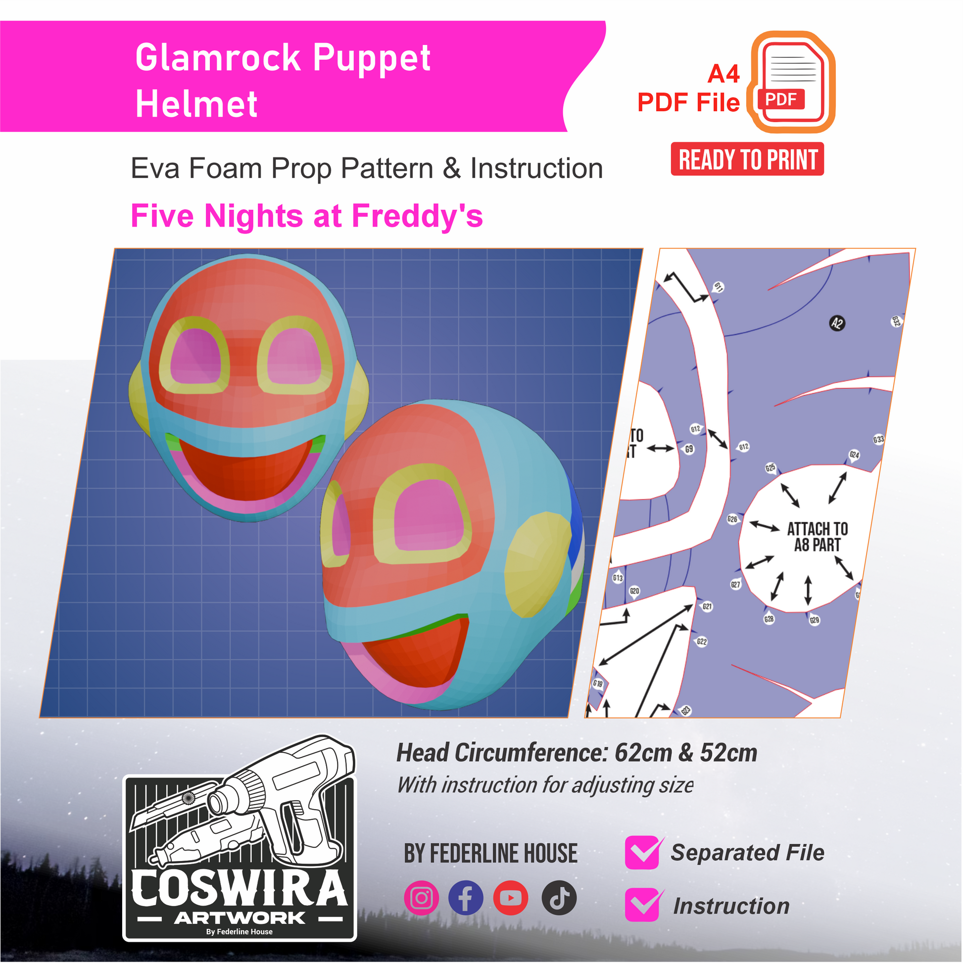 Glamrock Puppet Helmet Prop Pattern Template – EVA Foam Pattern for Co ...