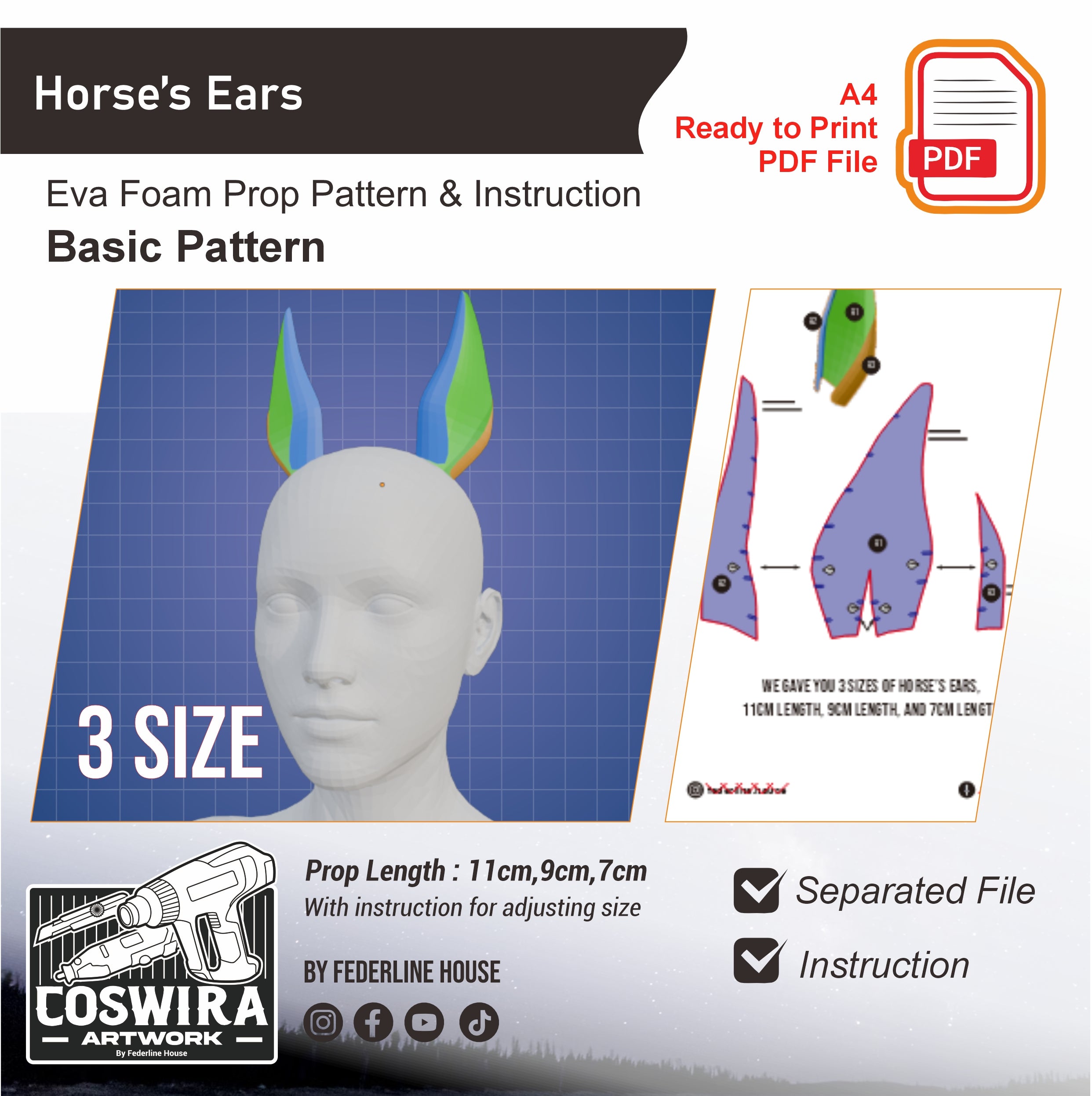 Prop Pattern: Horse Ear's Basic Pattern Template PDF – Coswira Artwork