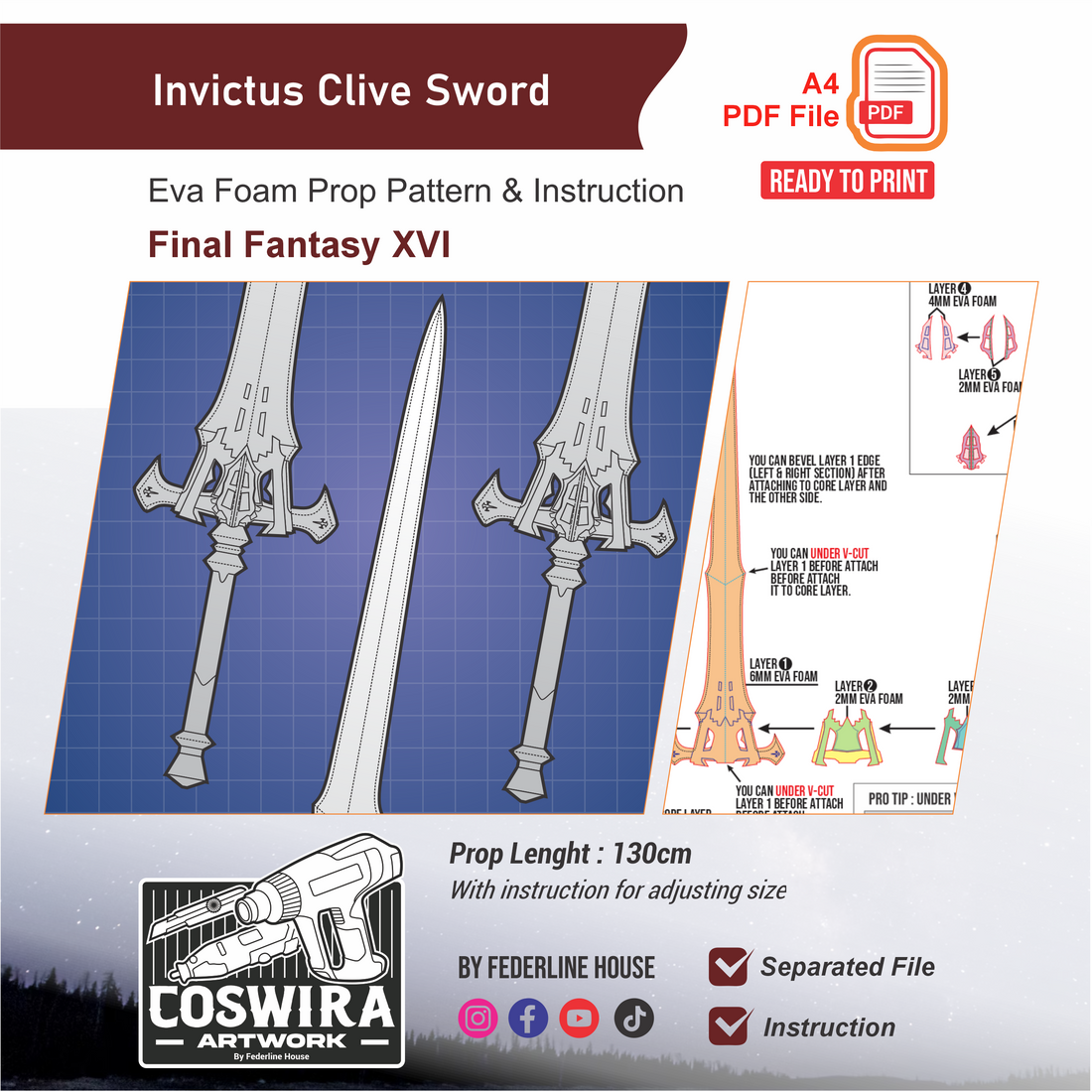 Invictus Clive Sword Prop Pattern Template – EVA Foam Pattern for Cosp ...