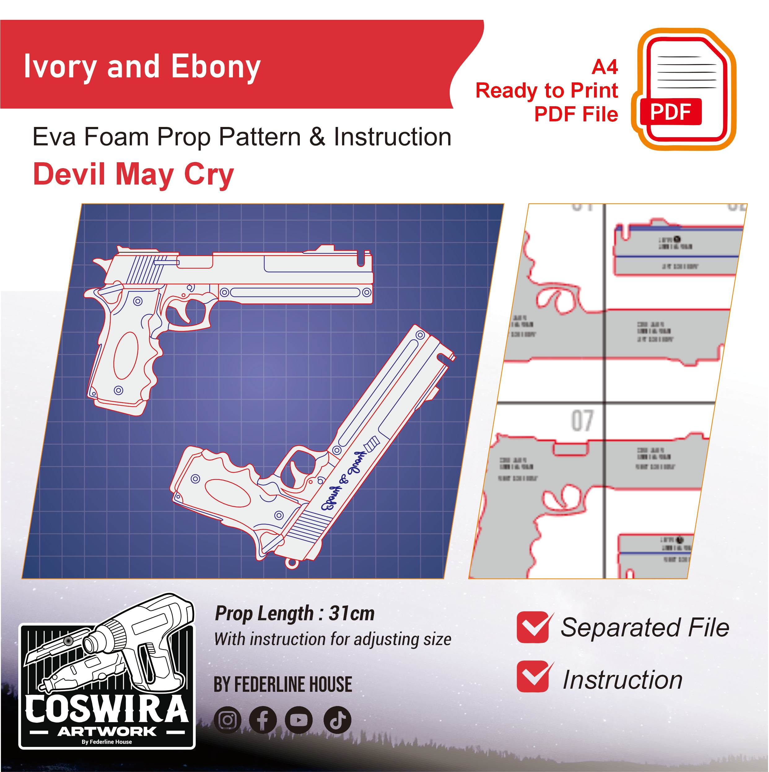 Ivory & Ebony Dual Pistol Prop Pattern Template – EVA Foam Pattern for ...