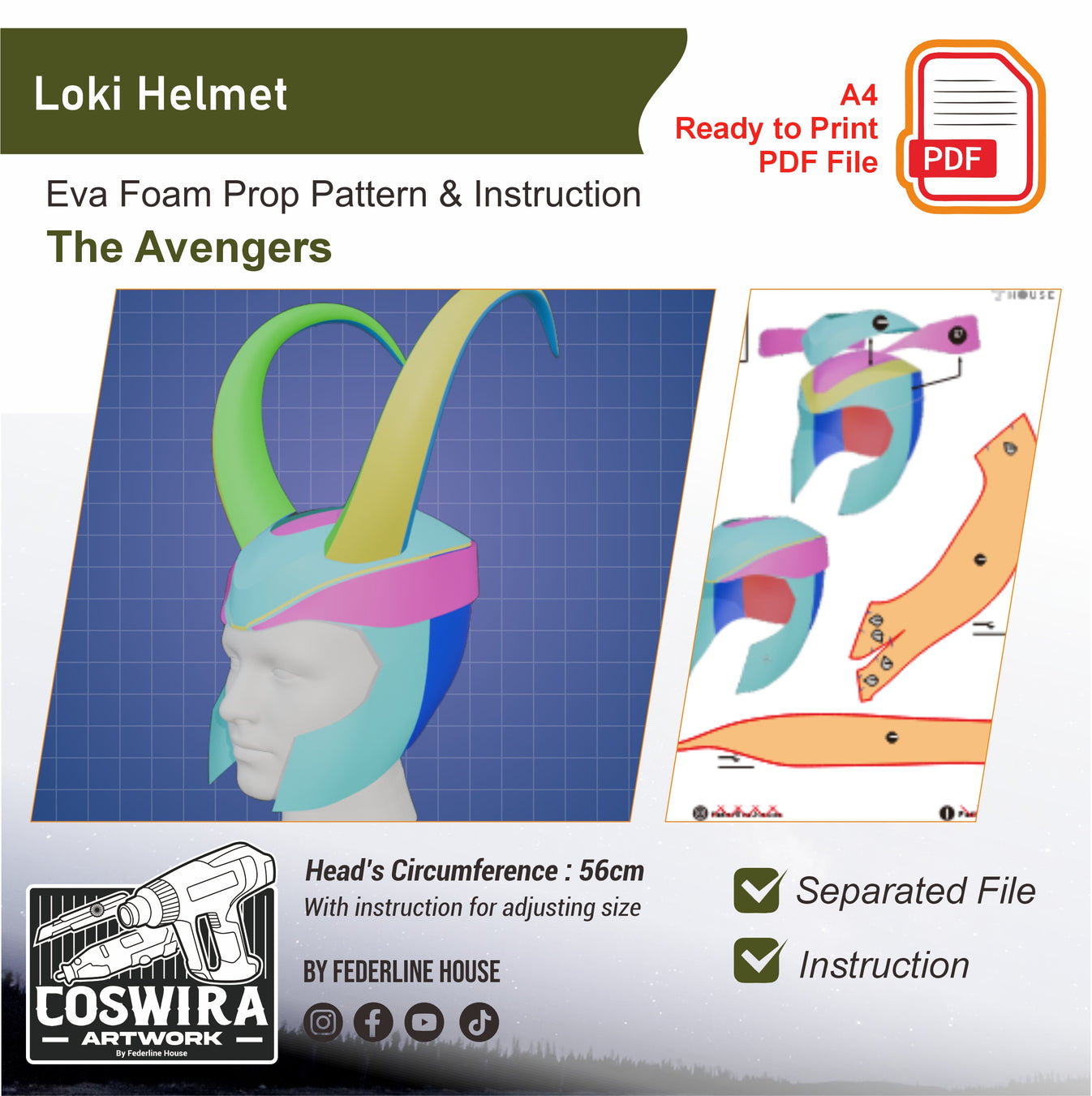 Loki Helmet Prop Pattern Template – EVA Foam Pattern for Cosplay & DIY ...