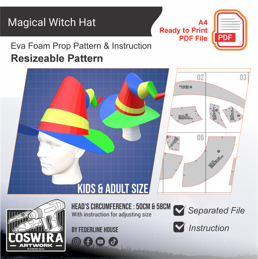 Magical Witch Hat Basic Pattern Template – EVA Foam Pattern for Cospla ...