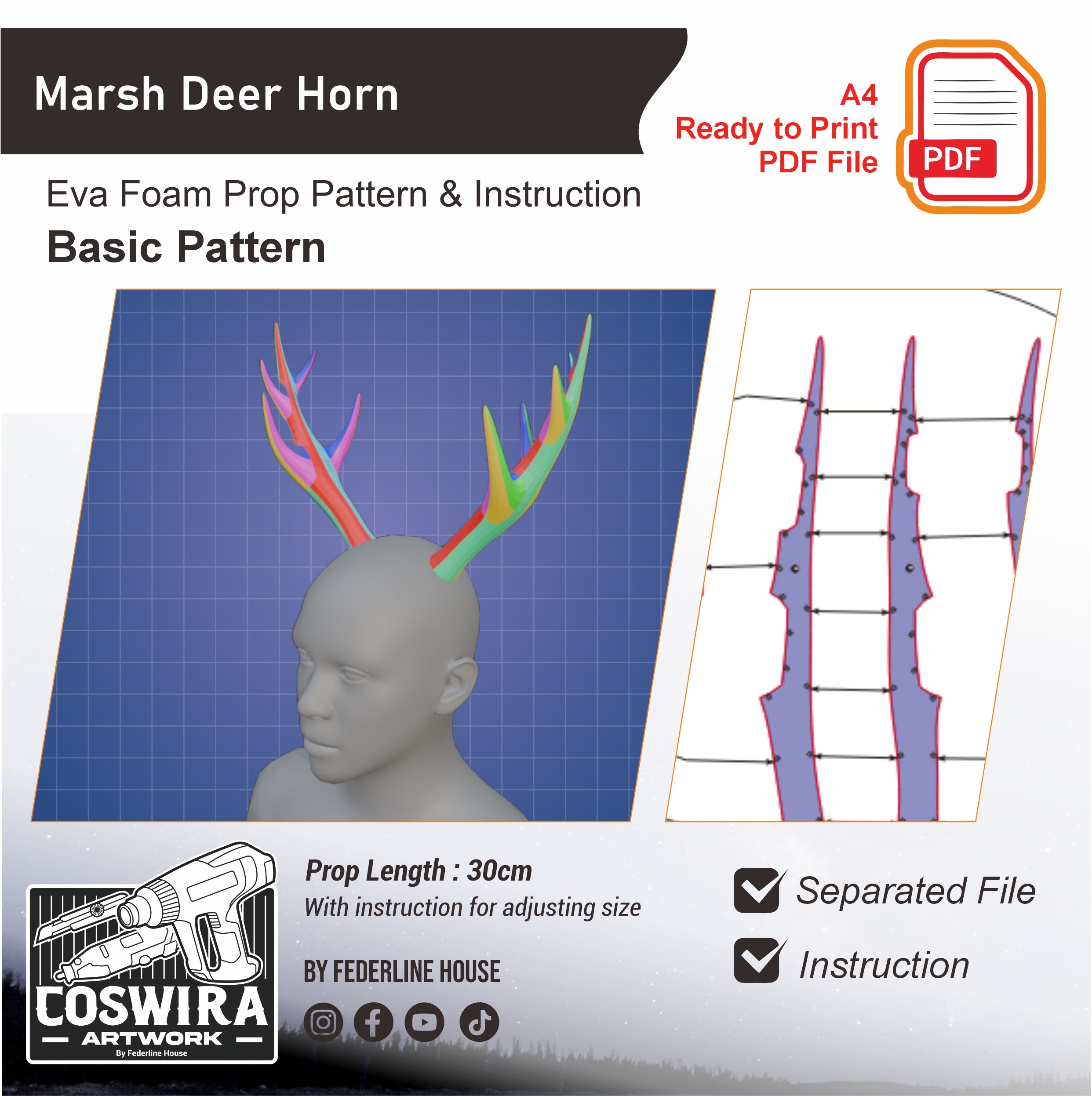 Marsh Deer Horn Basic Pattern Template – EVA Foam Pattern for Cosplay ...