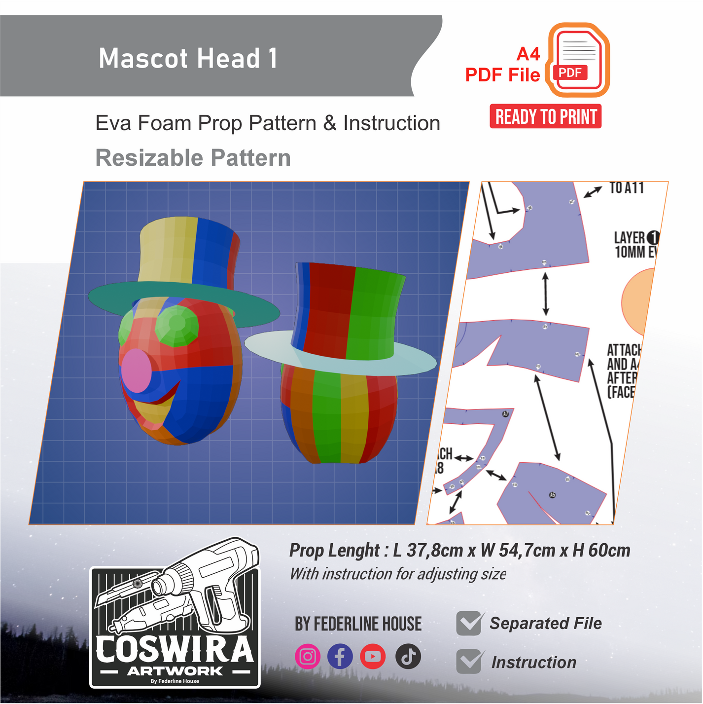 Mascot Head 1 Basic Pattern – EVA Foam Head Template for Cosplay, Masc ...