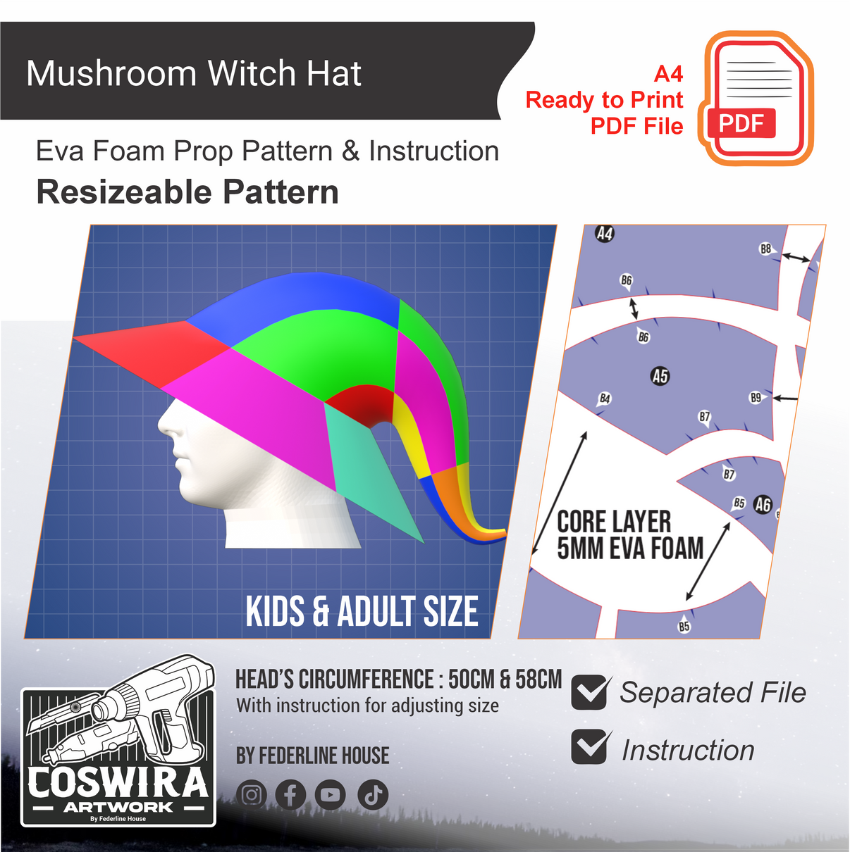 Mushroom Witch Hat Prop Pattern Template – EVA Foam Basic Pattern for ...