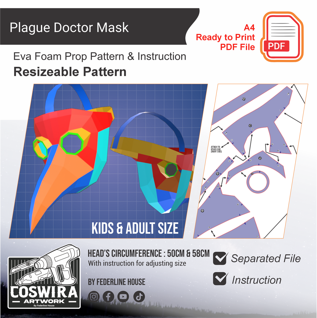 Plague Doctor Mask Prop Pattern Template – EVA Foam Basic Pattern for ...