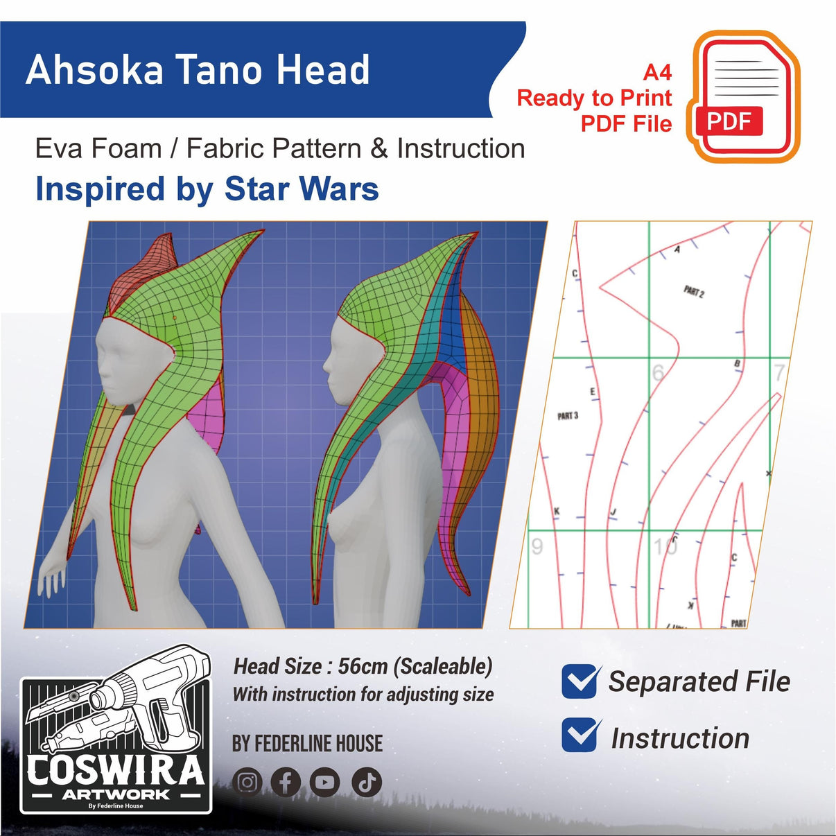 Prop Pattern: Ahsoka Tano Headpiece Togruta Lekku from Star Wars Rebel ...
