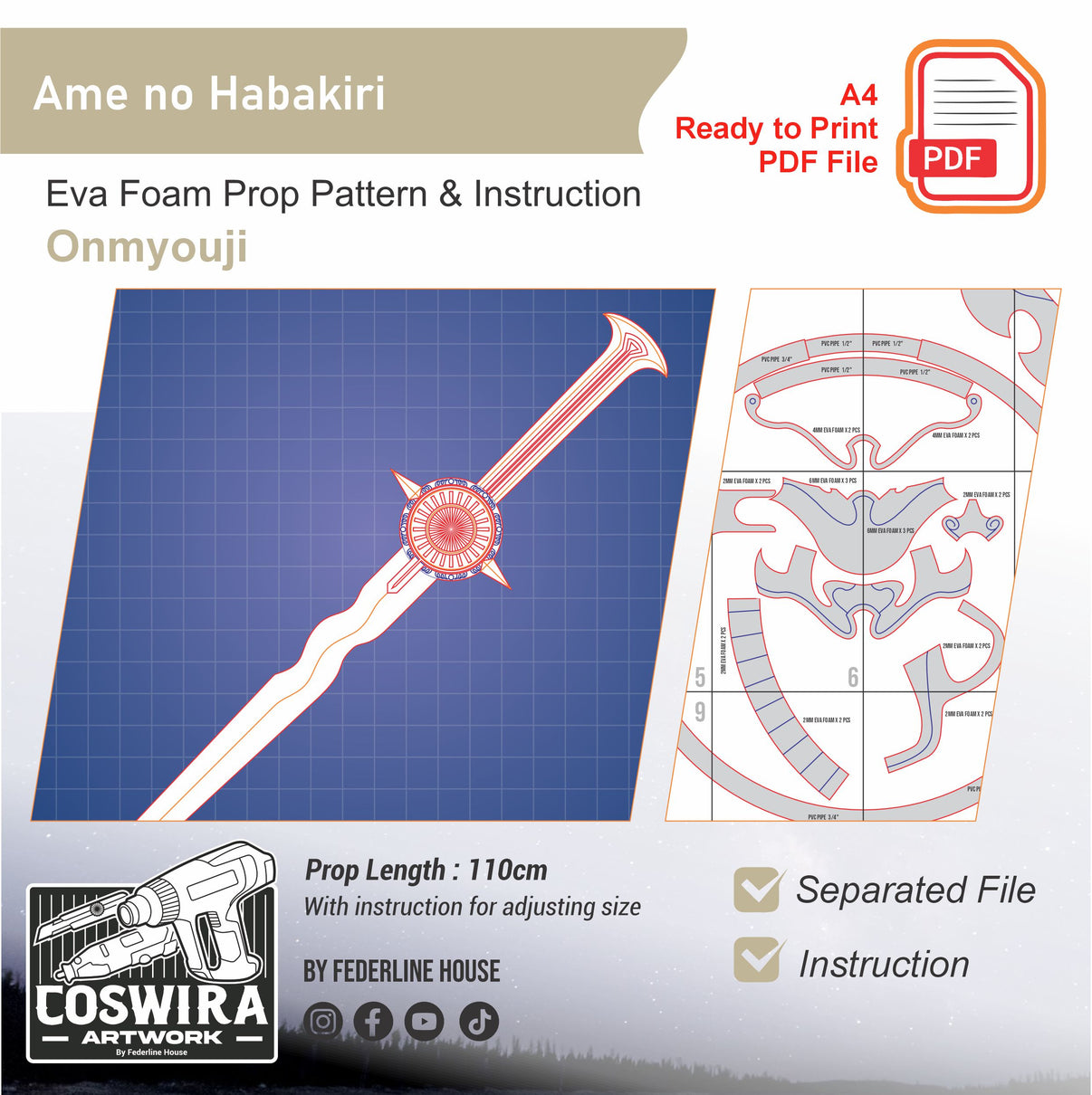 Prop Pattern: Ame no Habakiri from Onmyouji Cosplay Template Blueprint ...