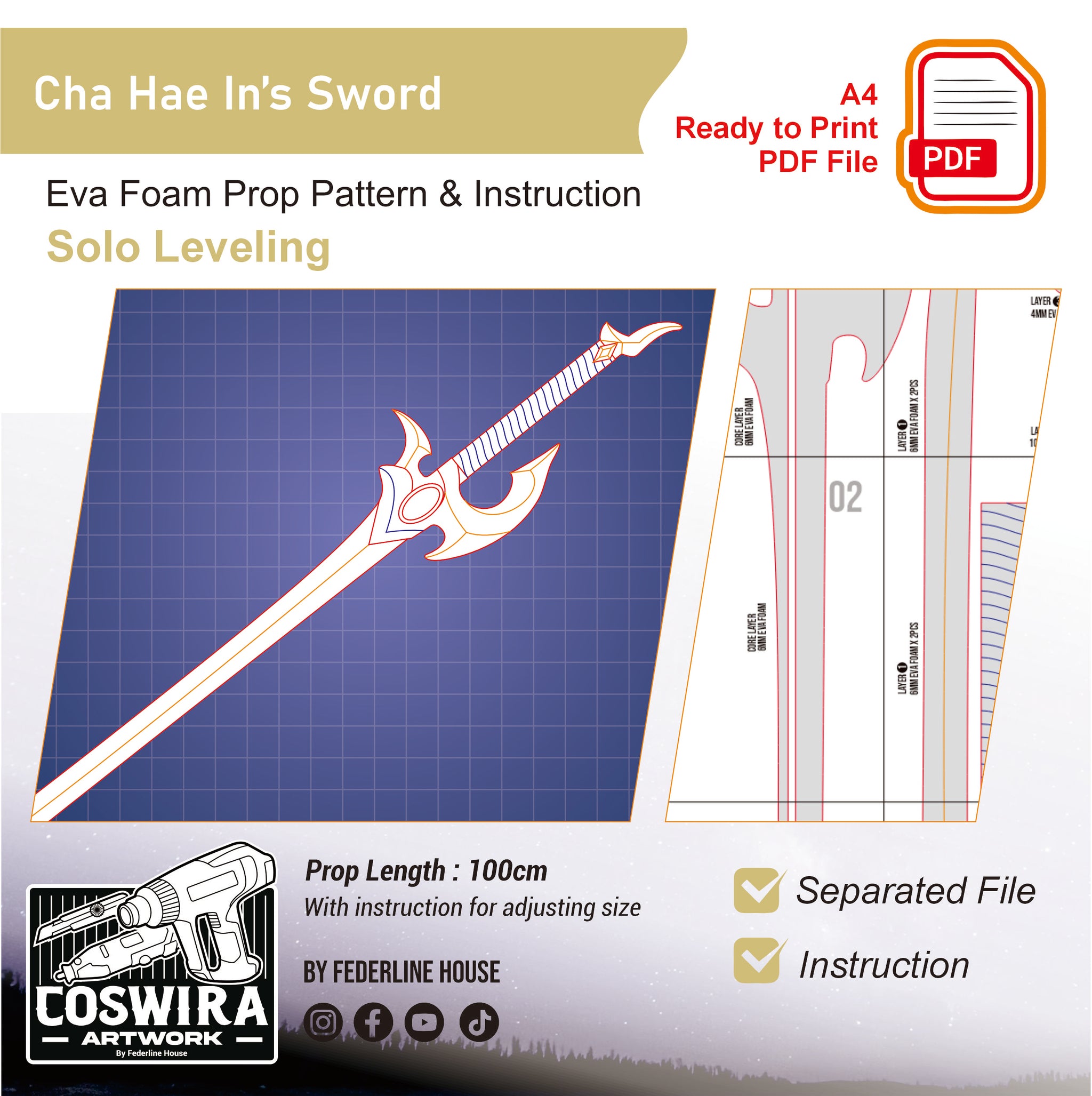 Prop Pattern: Cha Hae In's Sword from Solo Leveling Cosplay Template B ...