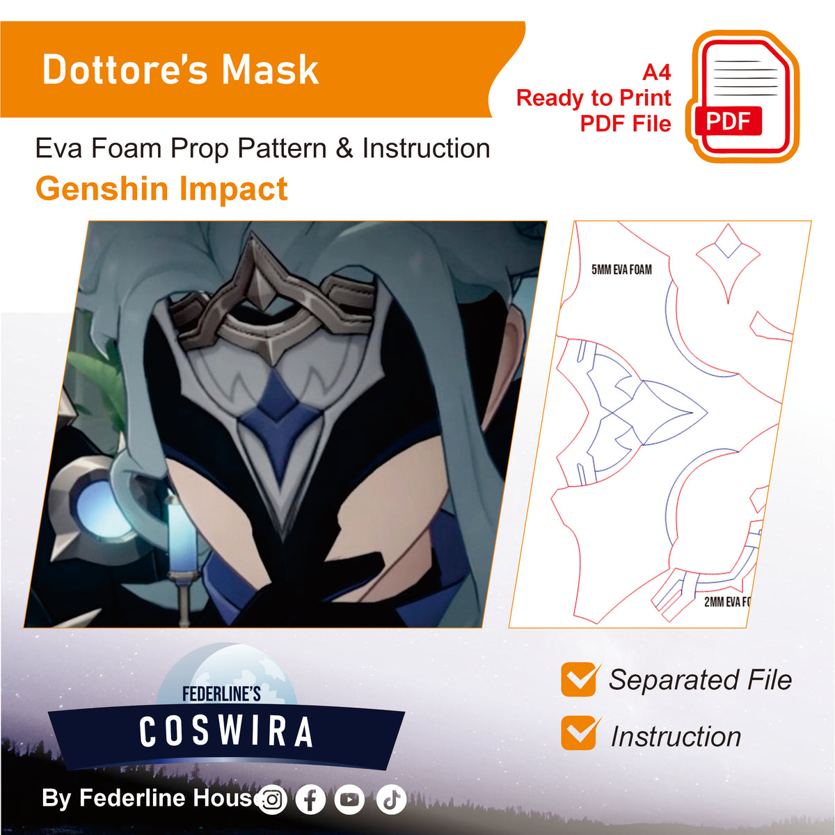 Prop Pattern: Dottore Mask from Genshin Impact Cosplay Template Bluepr ...