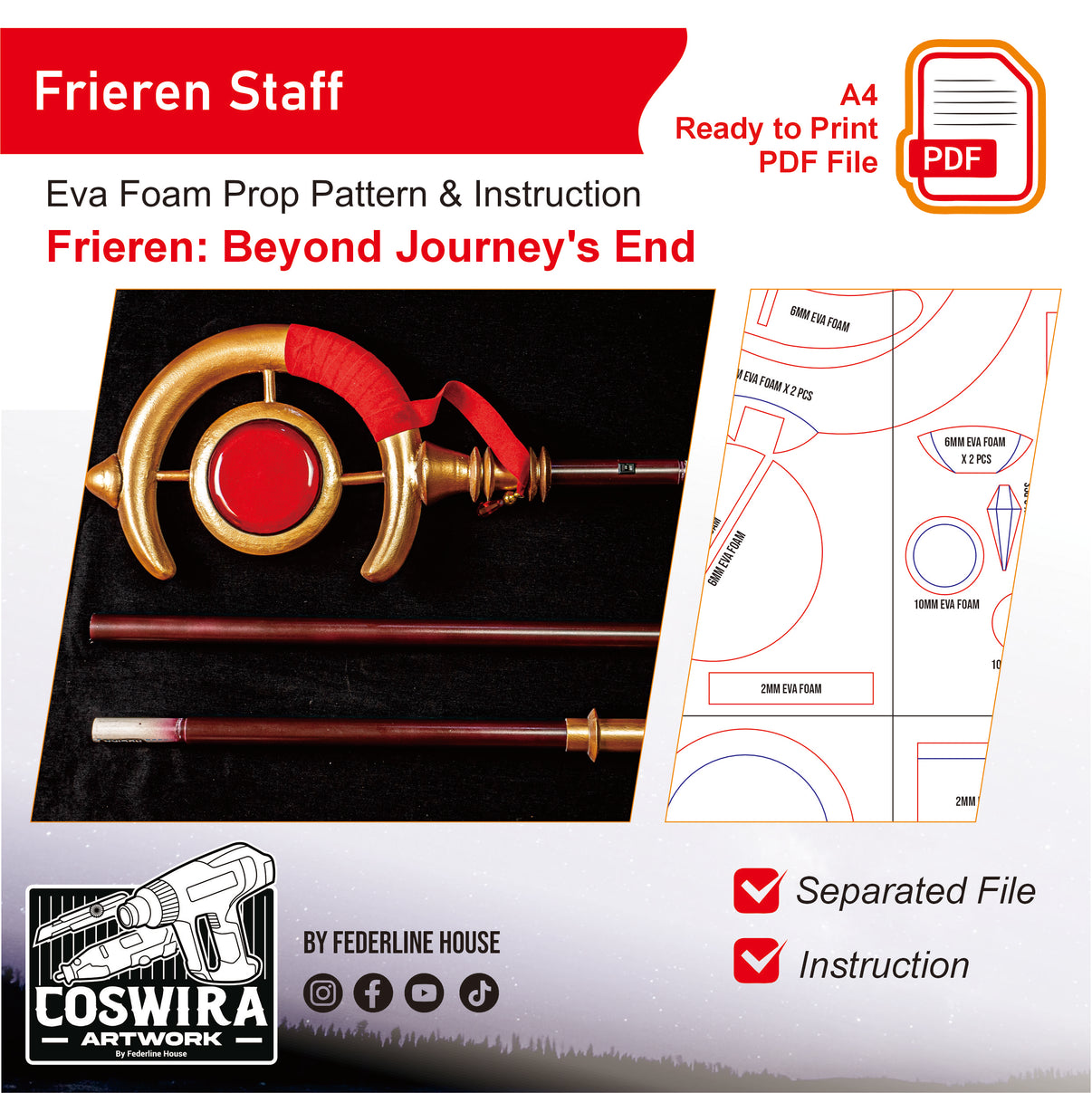 Prop Pattern: Frieren Staff from Sousou no Frieren Cosplay Template Bl ...