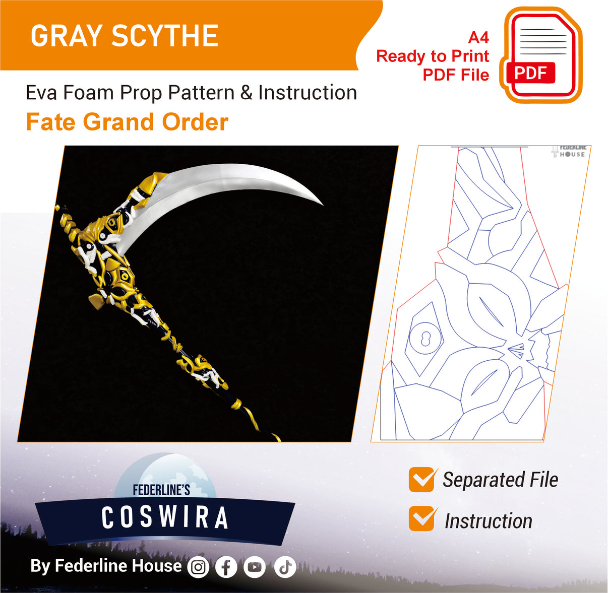 Prop Pattern: Gray’s Scythe from Fate Grand Order Cosplay Template Blu ...