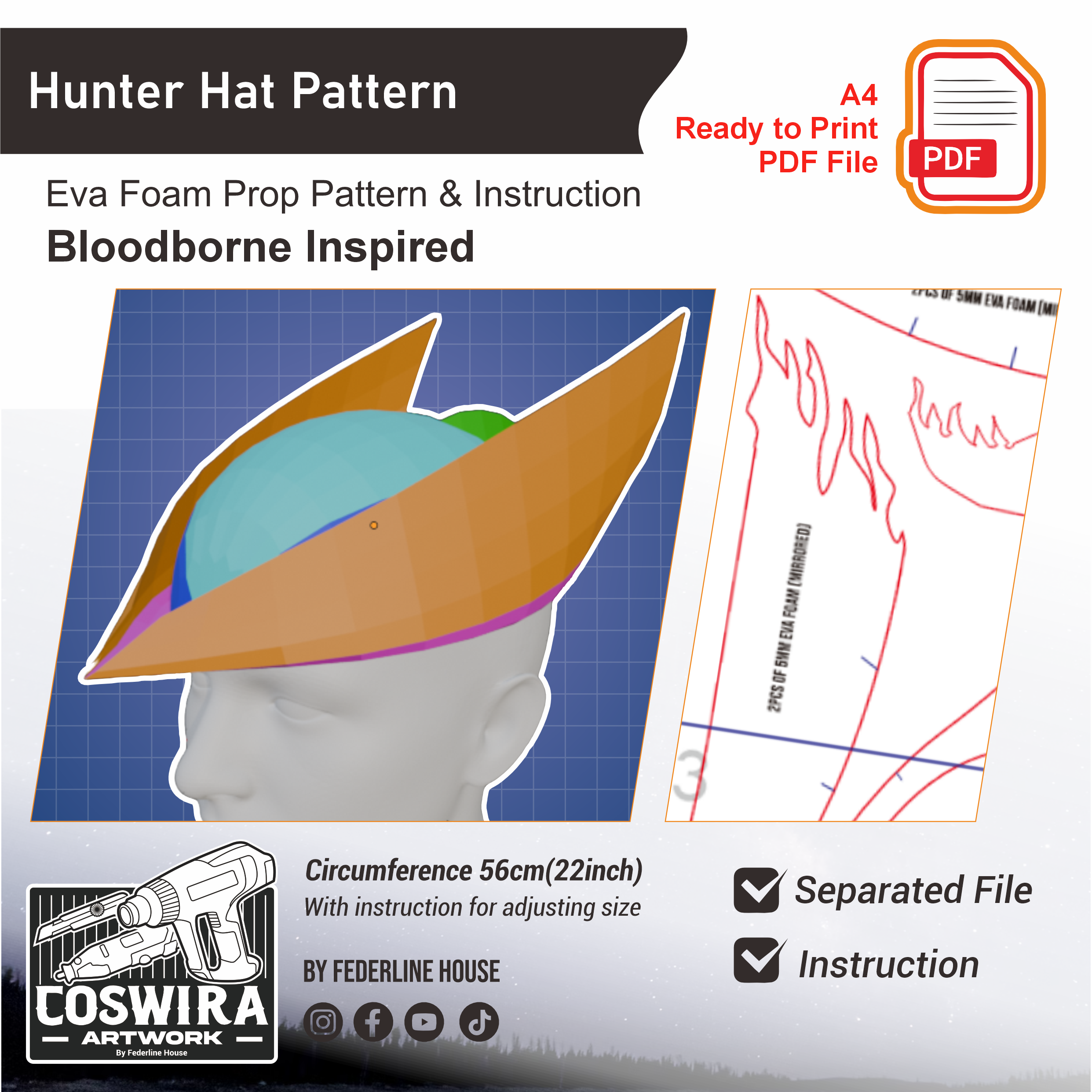 Prop Pattern: Hunter Hat Base Pattern Cosplay Template Blueprint PDF ...