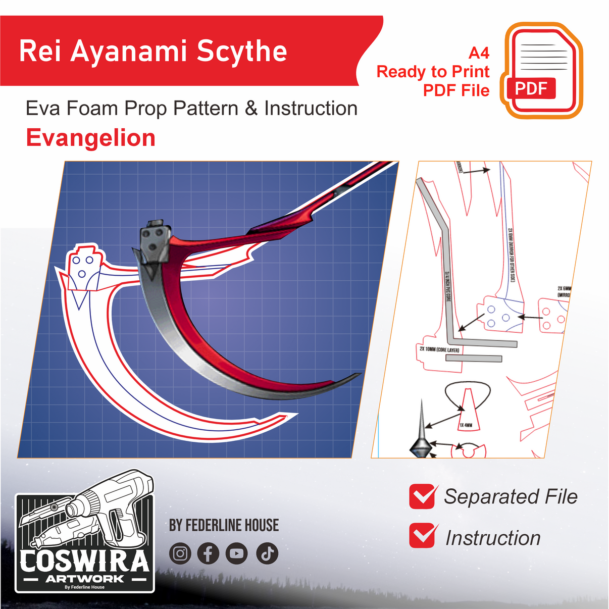 Prop Pattern: Rei Ayanami Scythe from Evangelion Cosplay Template Blue ...