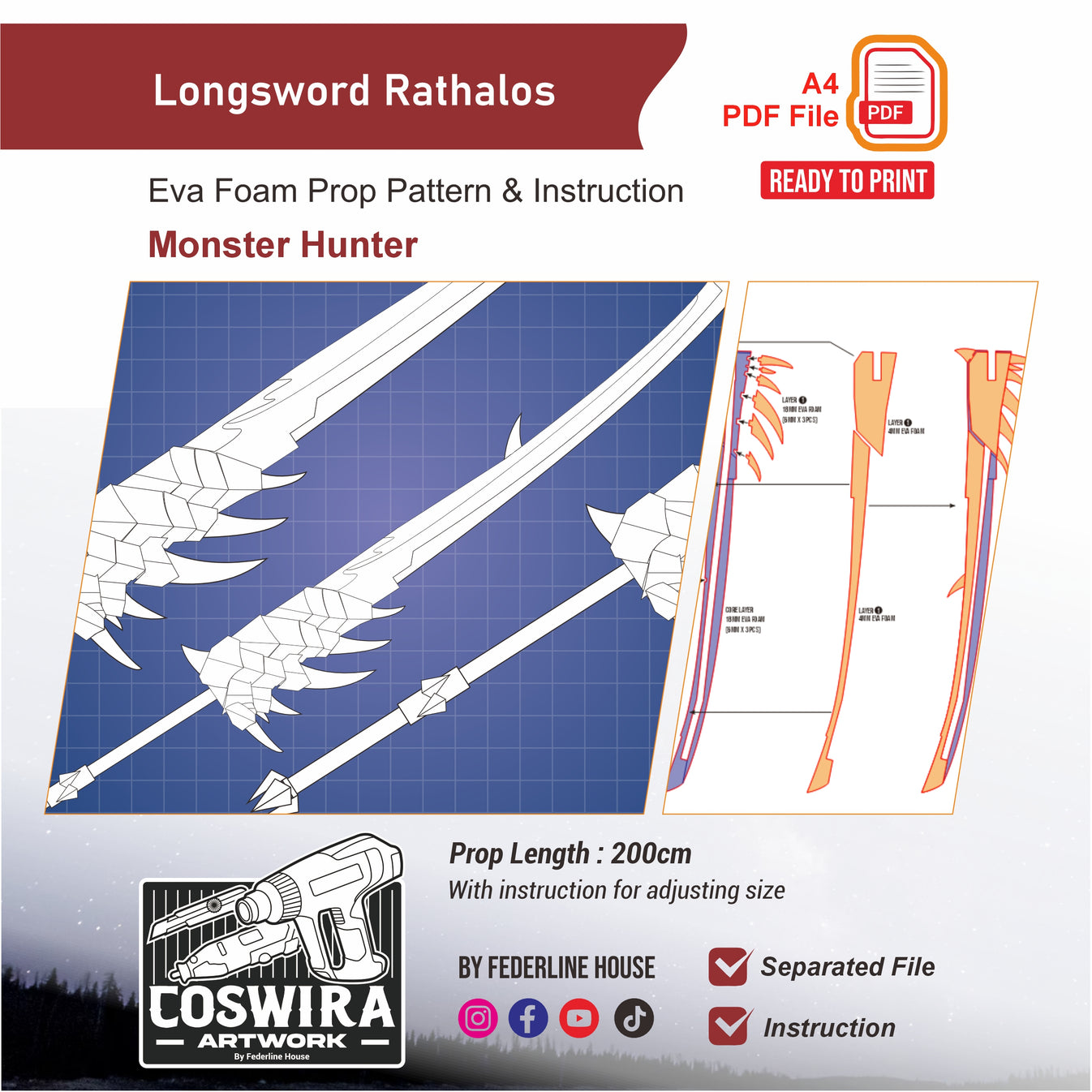 Rathalos Longsword Prop Pattern Template – EVA Foam Cosplay PDF Inspir ...