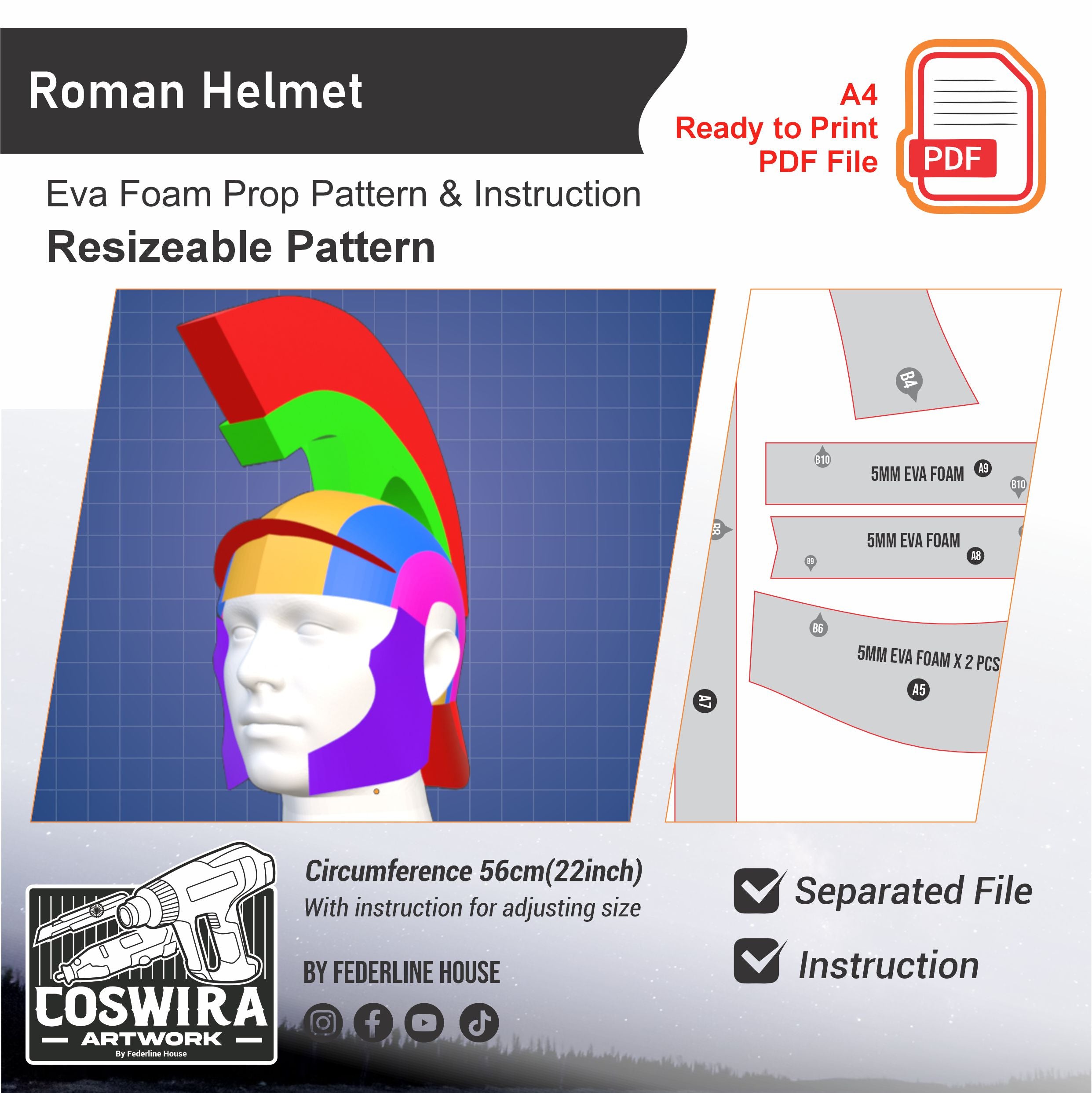 Basic Eva Foam Pattern: Roman Helmet Cosplay Template Blueprint PDF ...