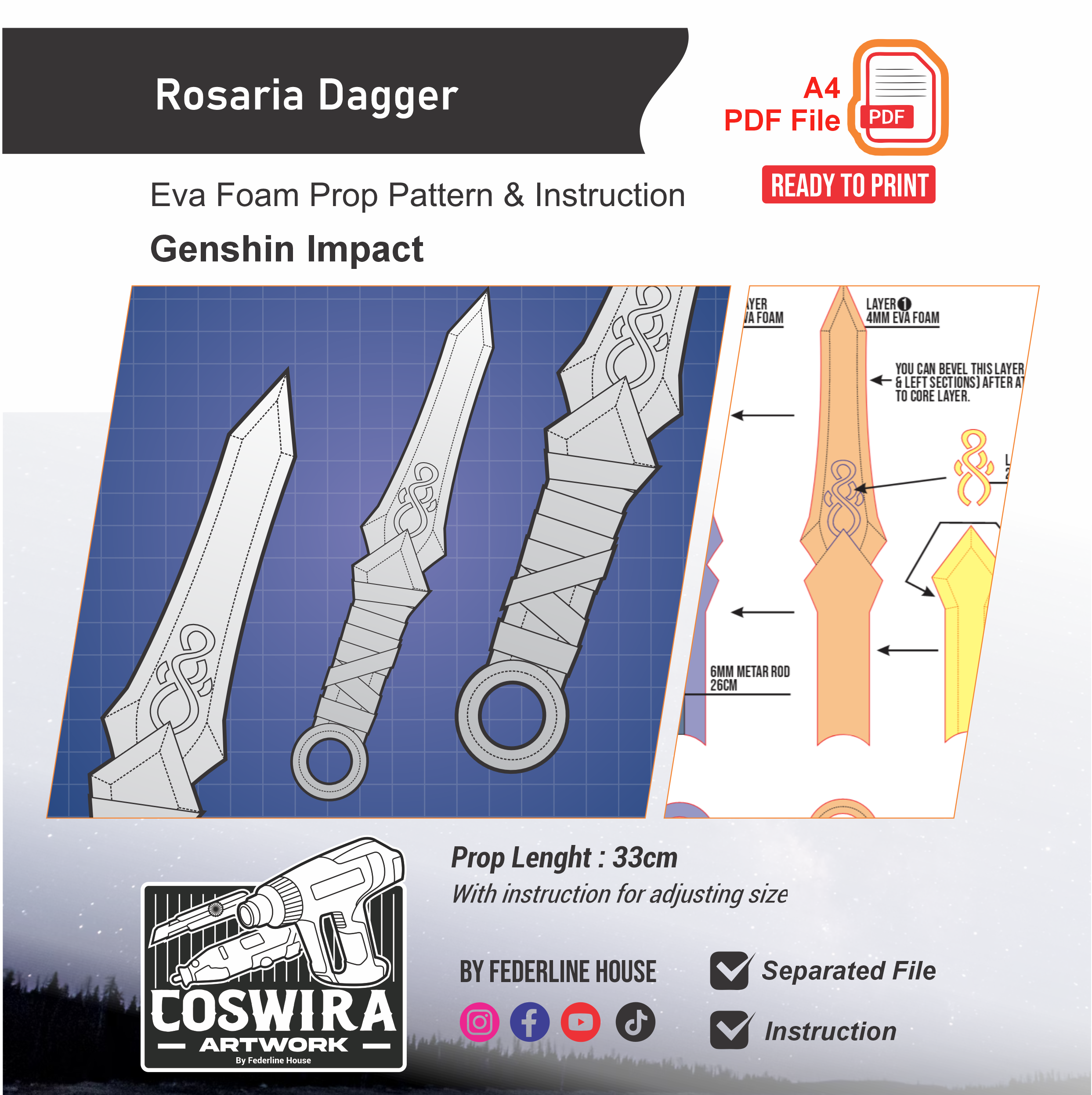 Rosaria Dagger Prop Pattern Template – EVA Foam Pattern for Cosplay ...