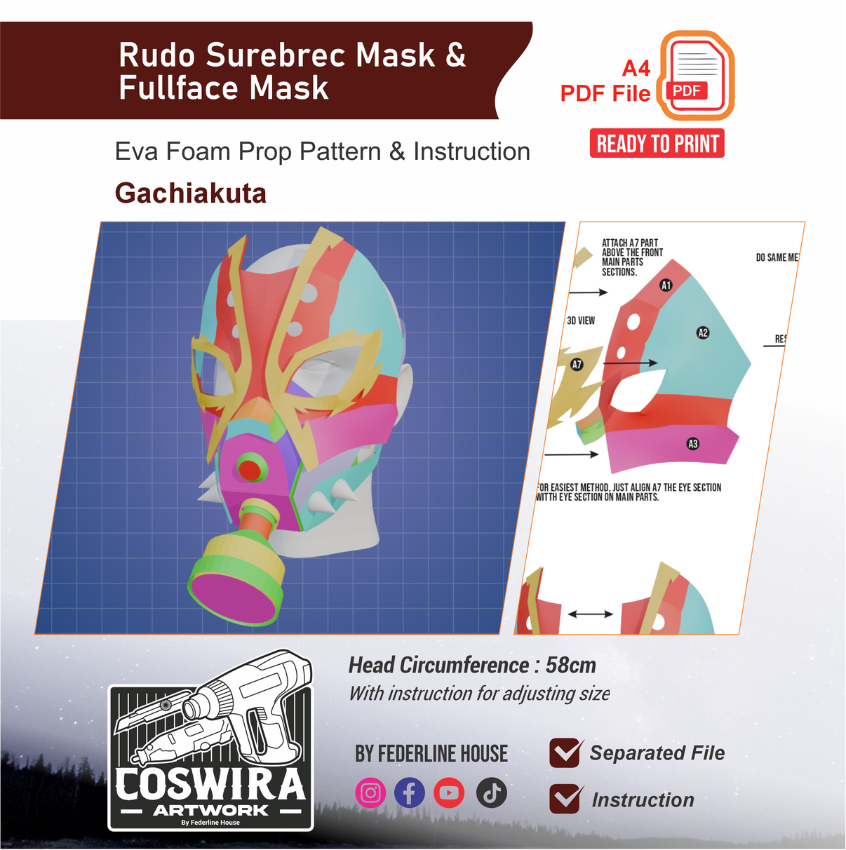 Rudo Surebrec Mask & Full Face Mask Prop Pattern Template – EVA Foam P ...