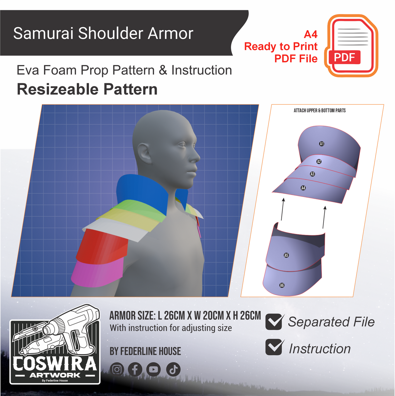 Samurai Shoulder Armor Basic Pattern Template – EVA Foam Pattern for C ...