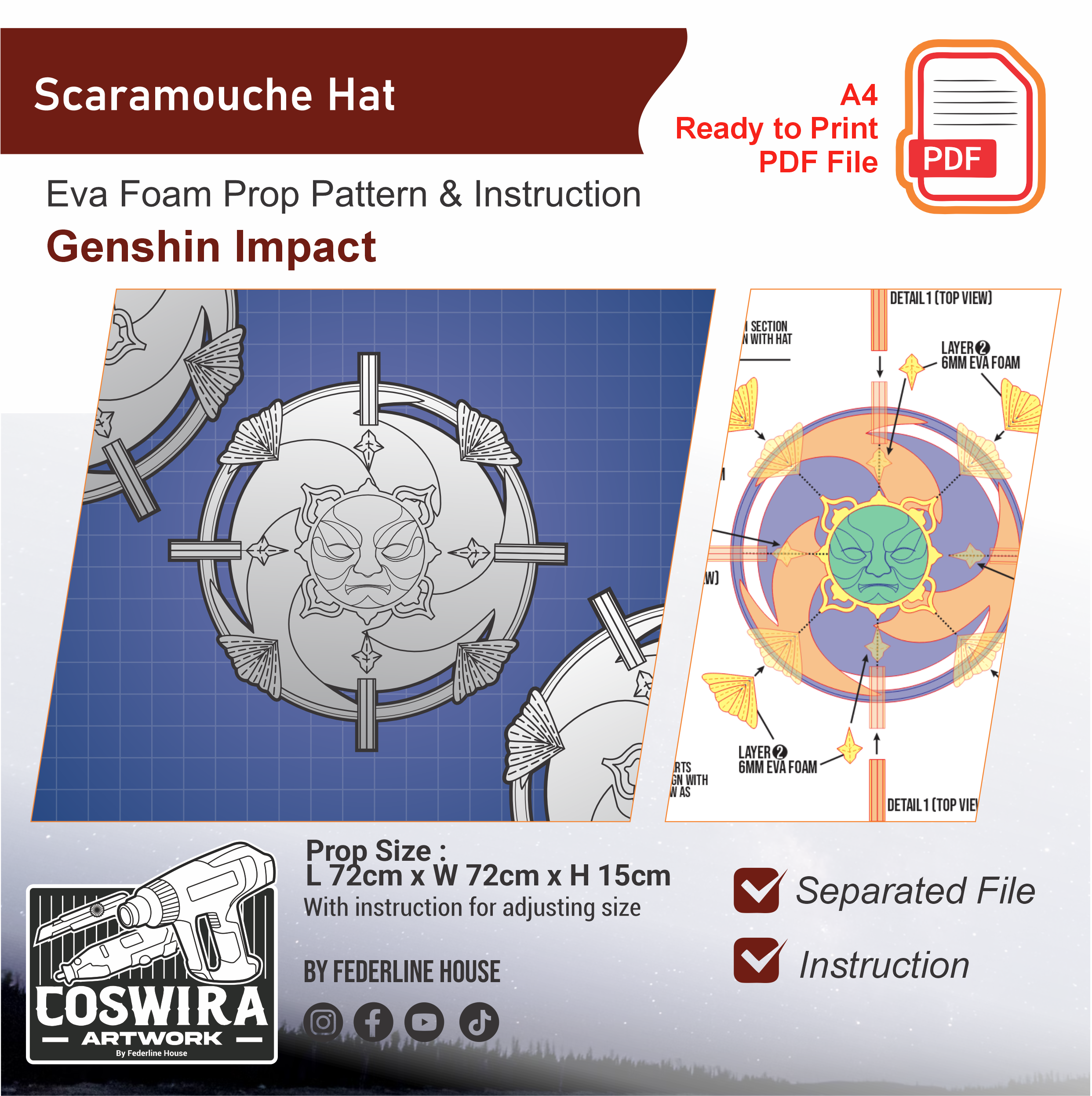 Scaramouche Hat Prop Pattern Template – EVA Foam Pattern for Cosplay ...
