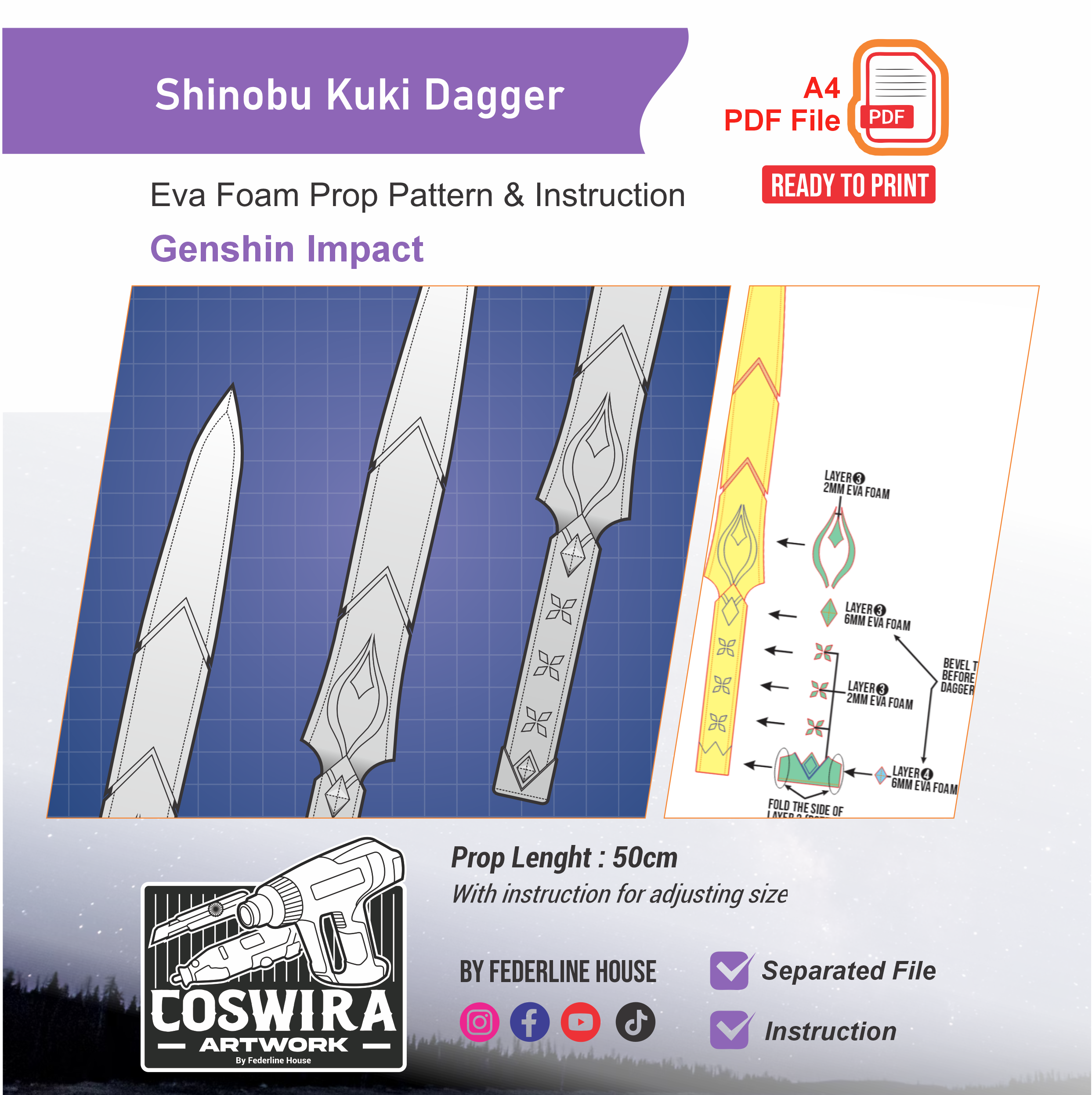 Shinobu Kuki Dagger Prop Pattern Template – EVA Foam Pattern for Cospl ...