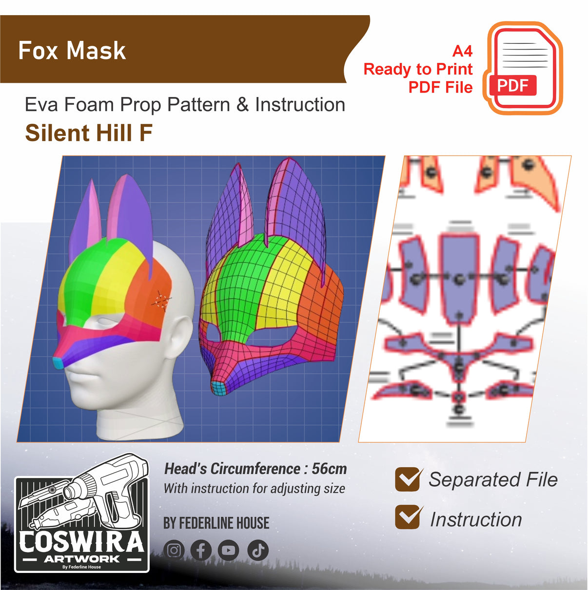 Kitsune Fox Mask Prop Pattern Template – EVA Foam Pattern for Cosplay ...