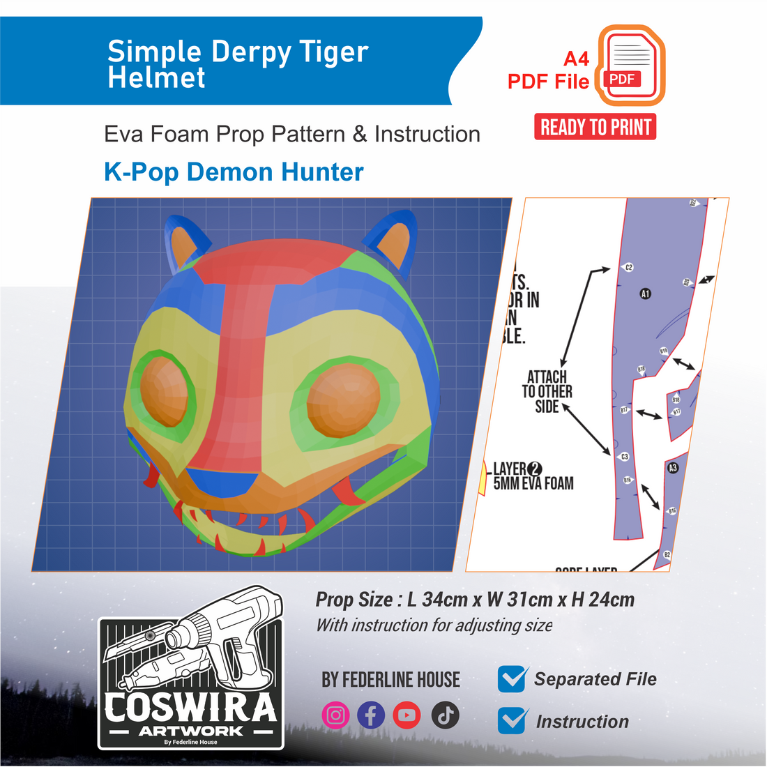 Simple Derpy Tiger Helmet Prop Pattern Template – EVA Foam Pattern for ...