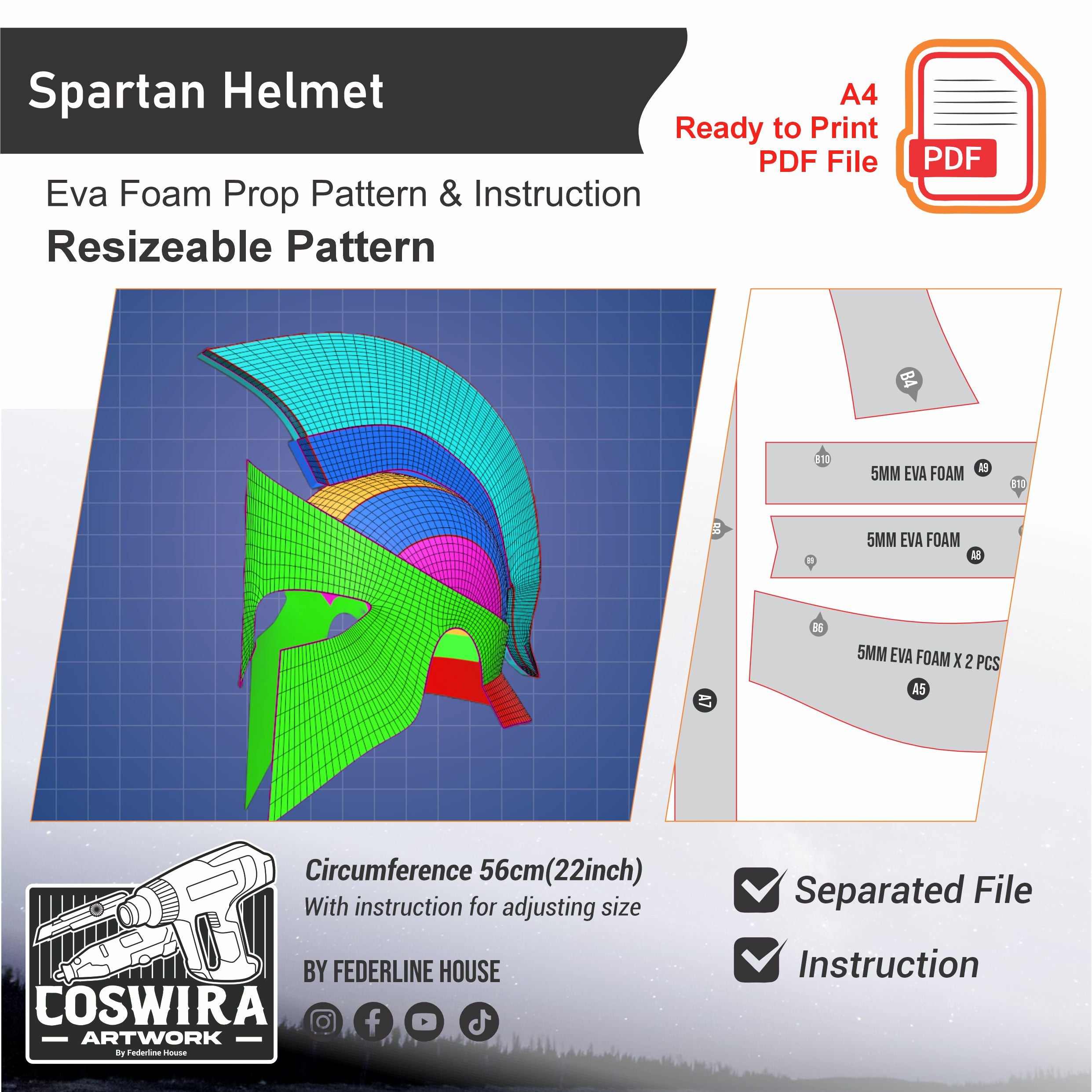 Basic Eva Foam Pattern: Spartan Helmet Cosplay Template Blueprint PDF ...