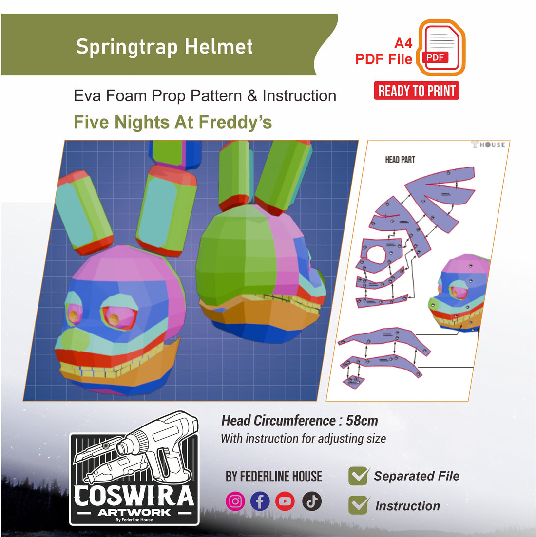 Springtrap Helmet Prop Pattern Template – EVA Foam Pattern for Cosplay ...