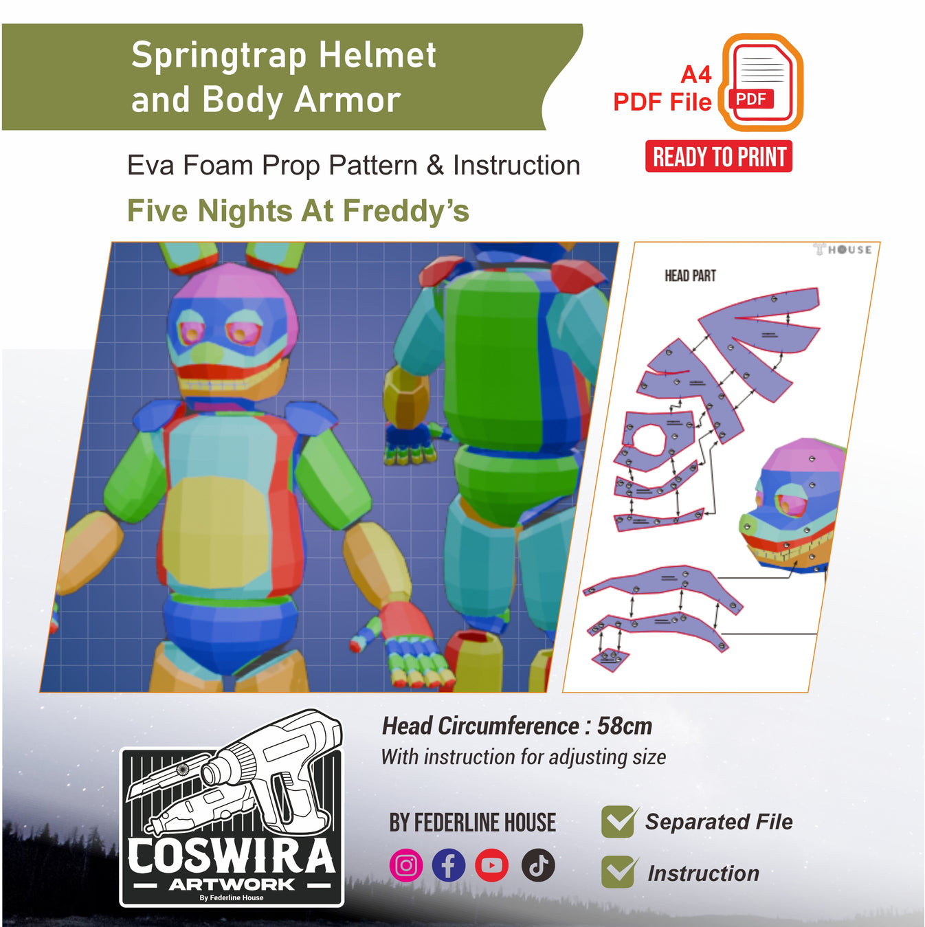 Springtrap Helmet and Body Armor Prop Pattern Template – EVA Foam Patt ...