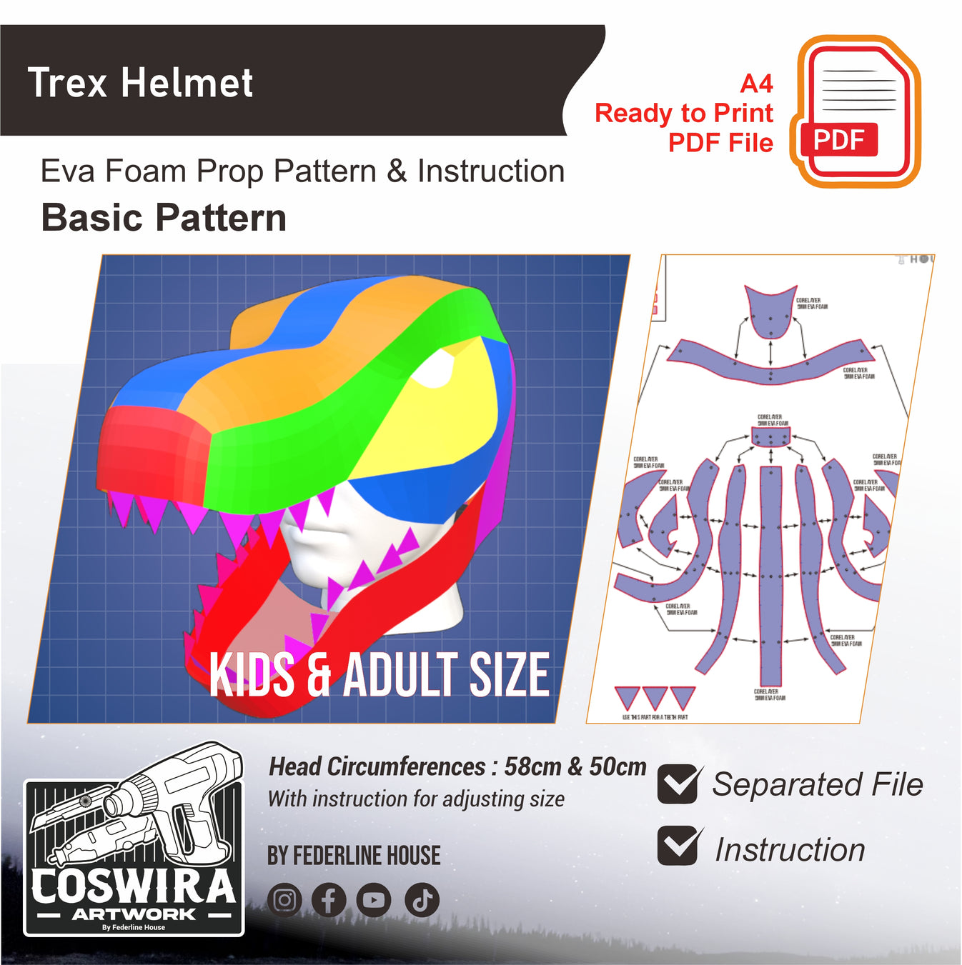 T-Rex Helmet Prop Pattern Template – EVA Foam Basic Pattern for Cospla ...