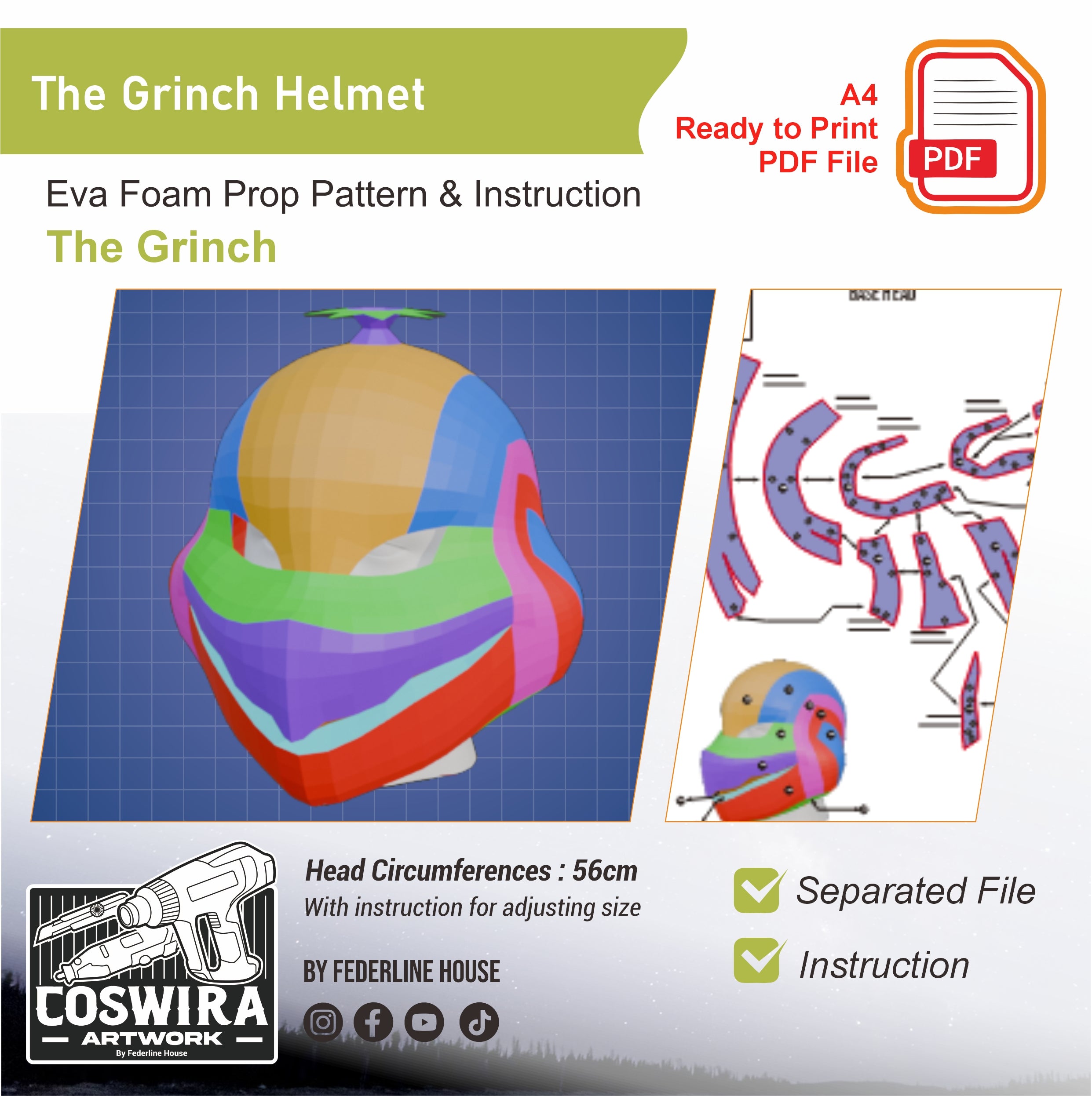 The Grinch Helmet Prop Pattern Template – EVA Foam Pattern for Cosplay ...