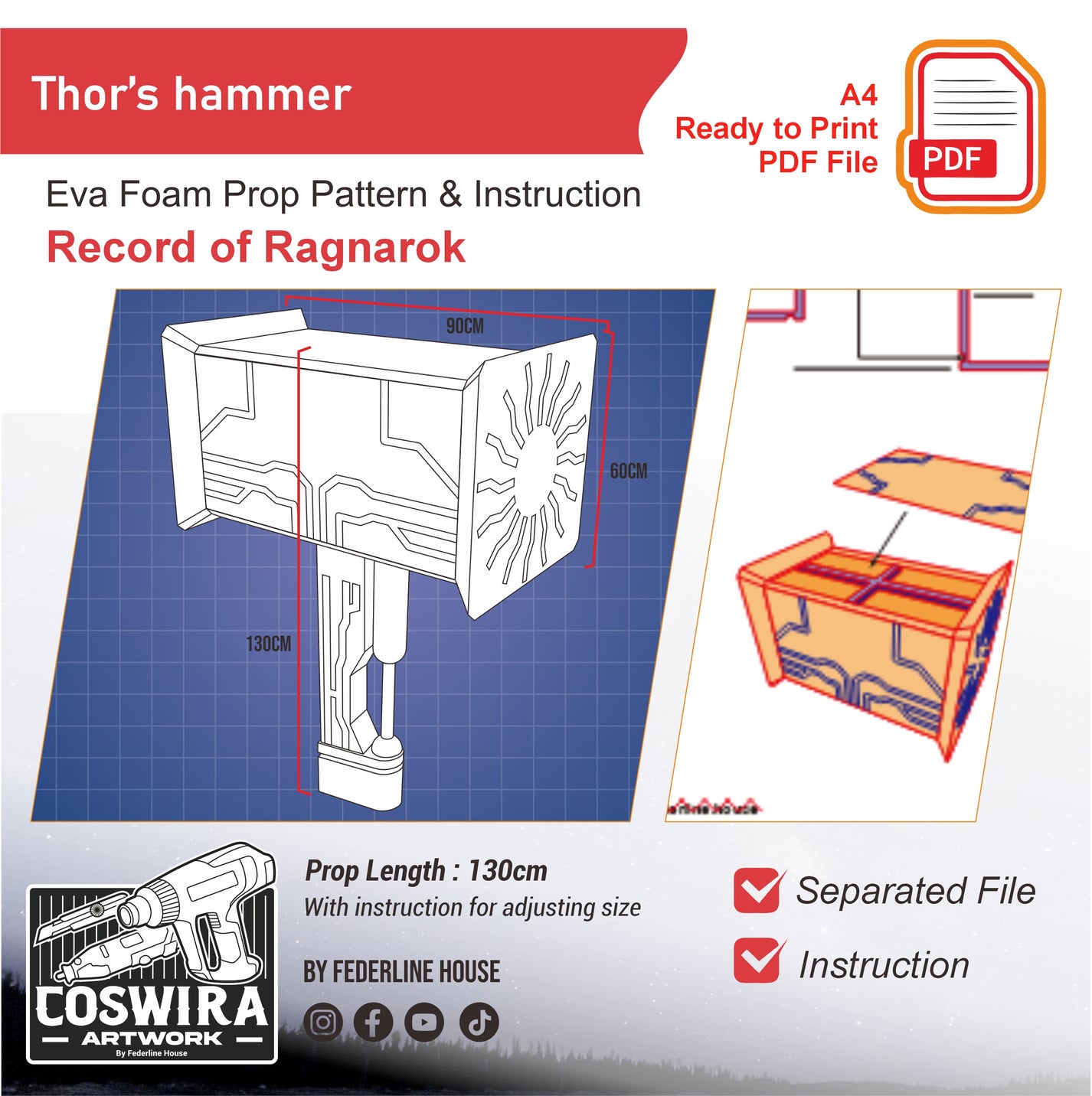 Thor’s Hammer Prop Pattern Template – EVA Foam Pattern for Cosplay & D ...