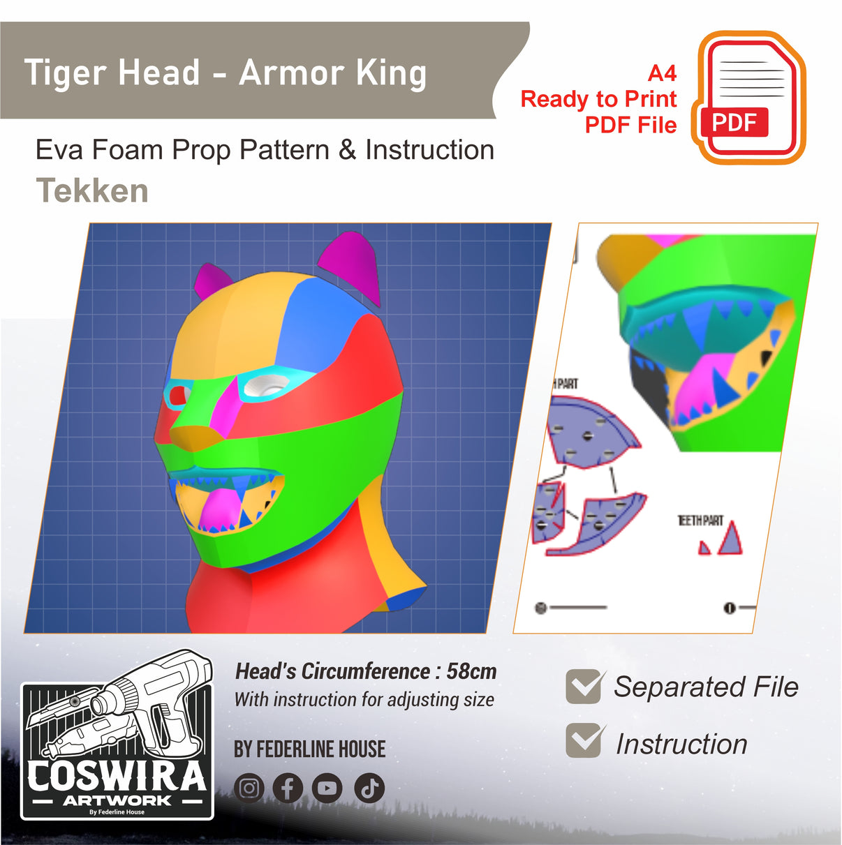 Tiger Head Prop Pattern Template – EVA Foam Pattern for Cosplay & DIY ...