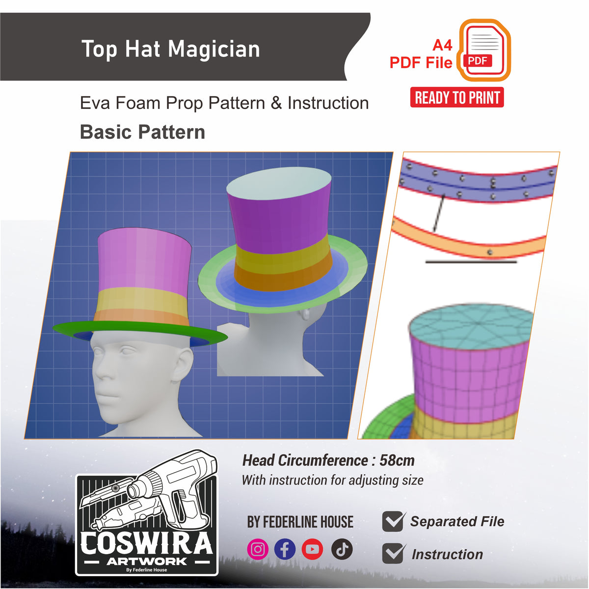 Top Hat Magician Basic Pattern Template – EVA Foam Cosplay PDF for DIY ...