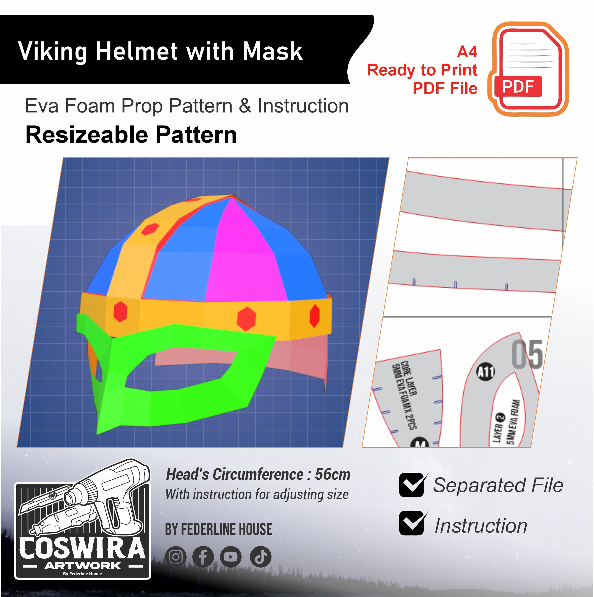 Prop Pattern: Viking Helmet with Mask Resizable EVA Foam Cosplay Templ ...