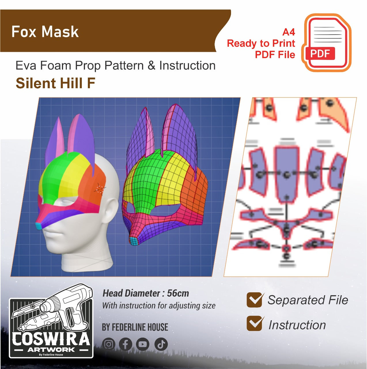 Kitsune Fox Mask Prop Pattern Template – EVA Foam Pattern for Cosplay ...