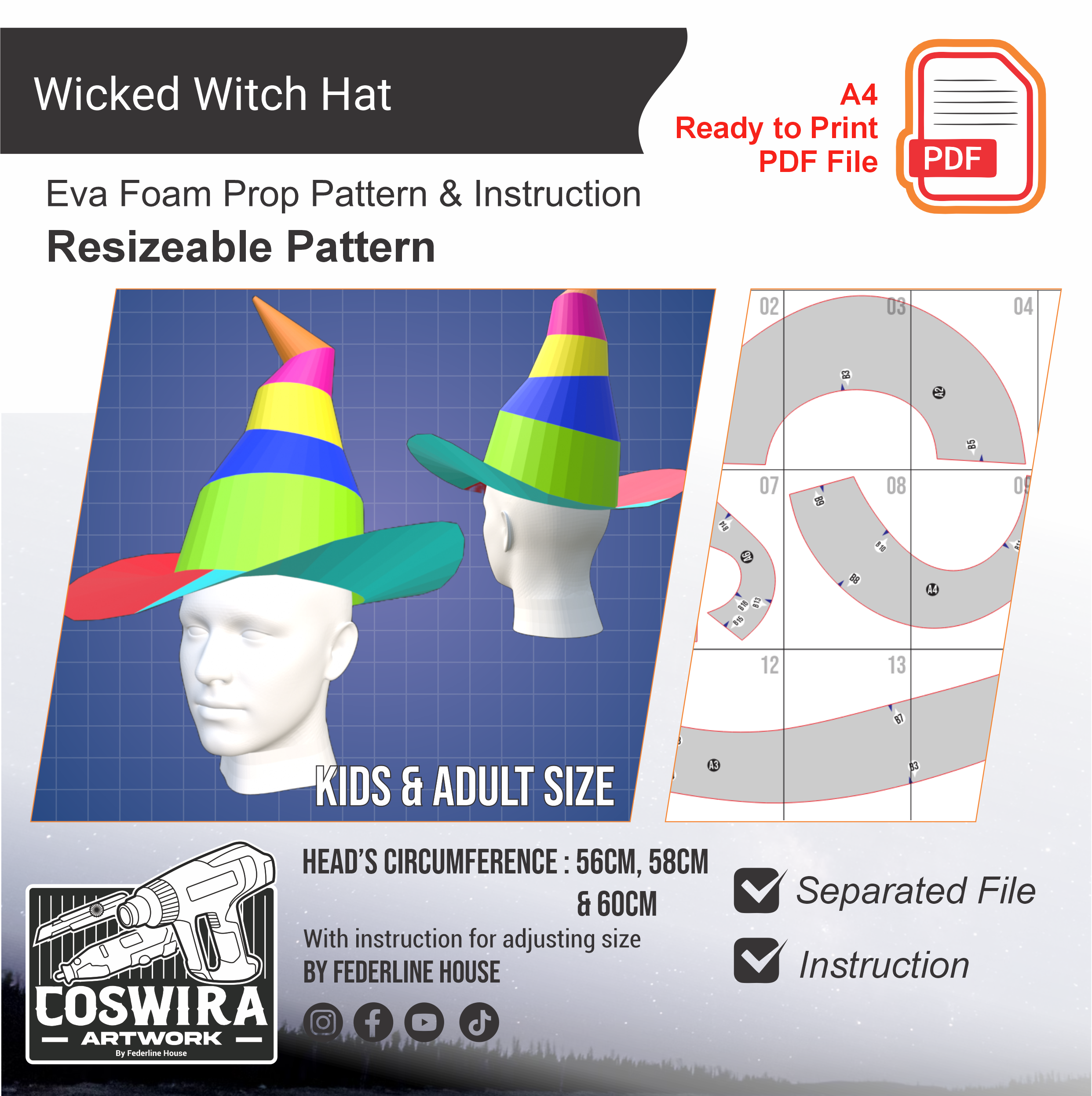 Wicked Witch Hat Prop Pattern Template – EVA Foam Basic Pattern for Co ...