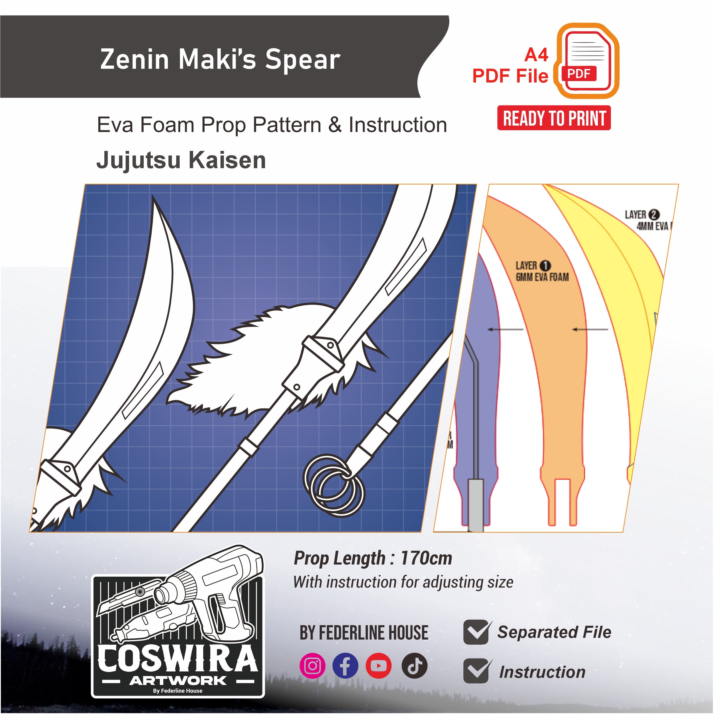 Zenin Maki Spear Prop Pattern Template – EVA Foam Pattern for Cosplay ...