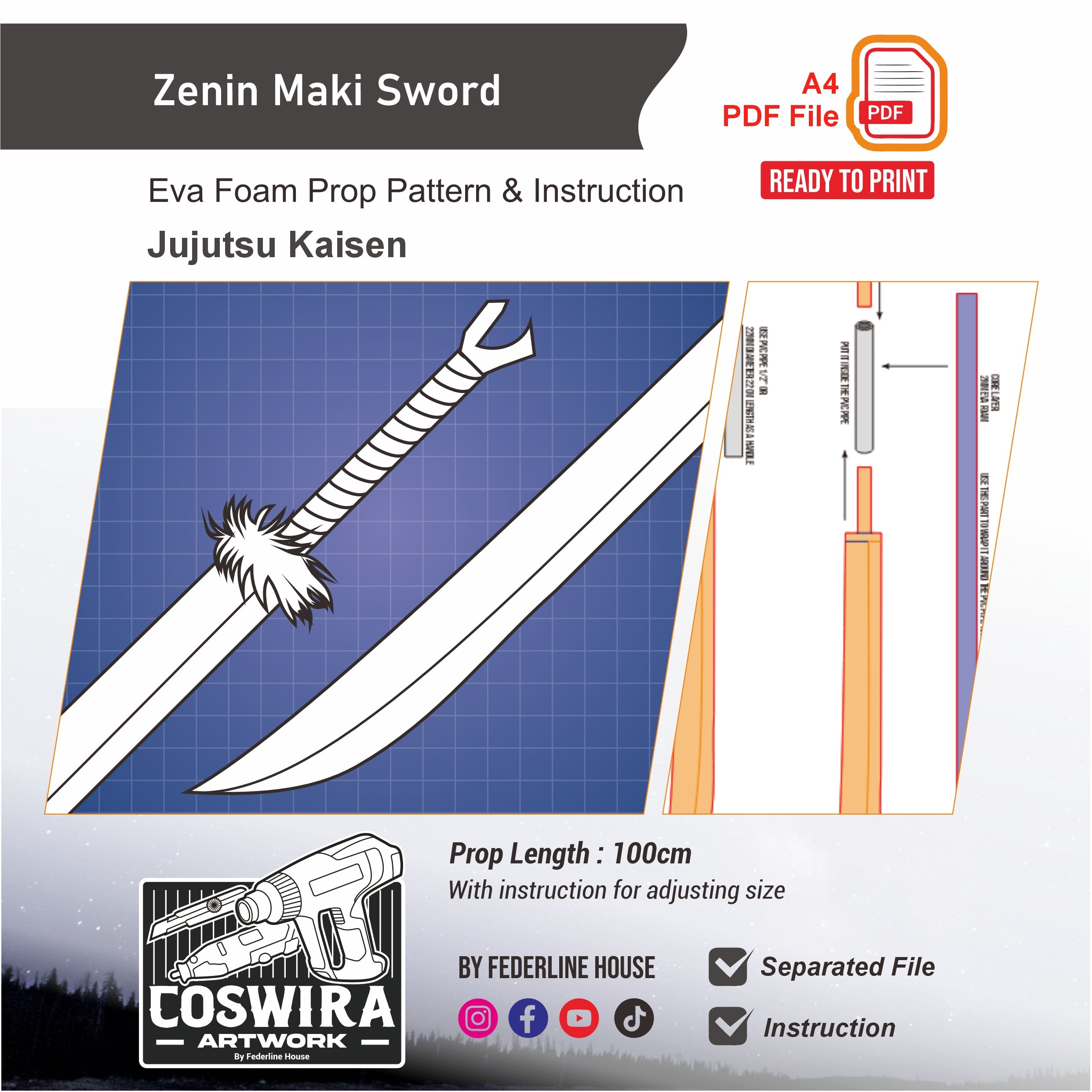 Zenin Maki Sword Prop Pattern Template – EVA Foam Pattern for Cosplay ...